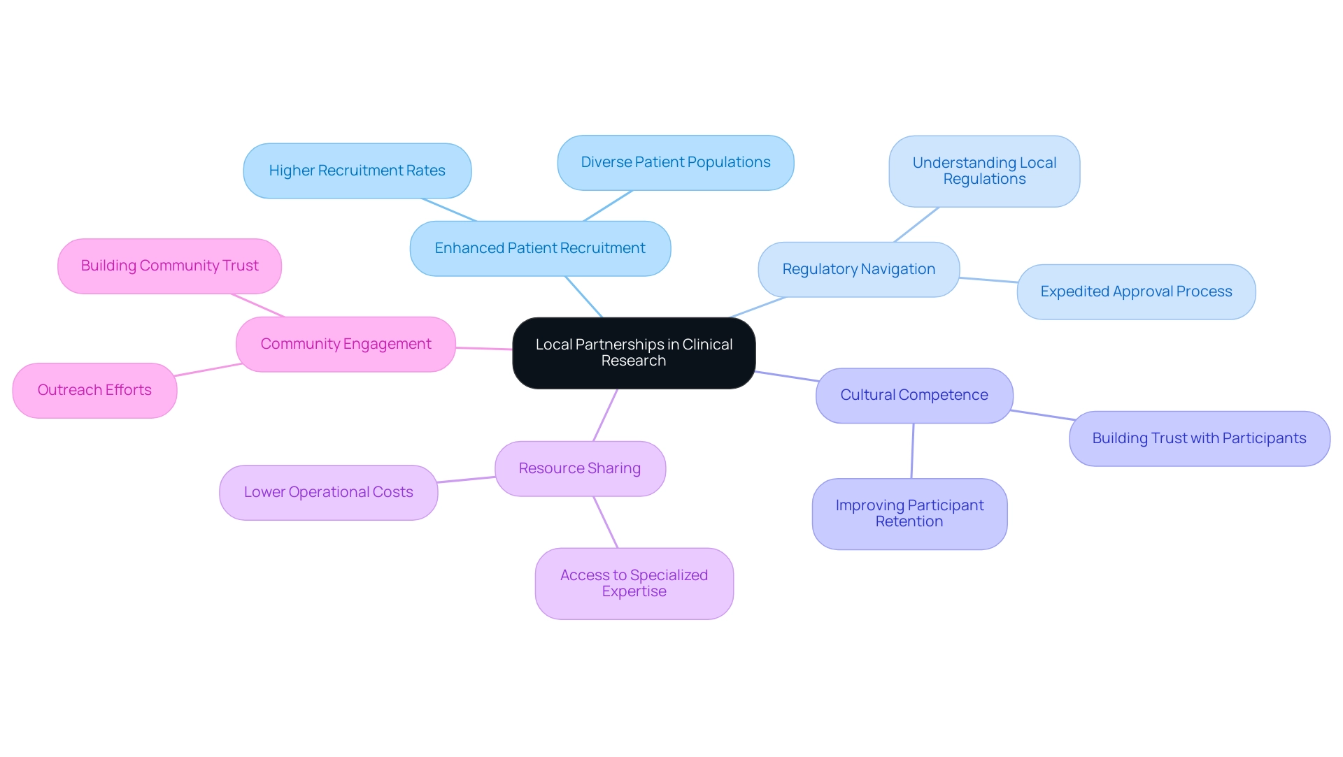 Each branch represents a key theme related to local partnerships, with sub-branches providing specific insights or examples associated with that theme.