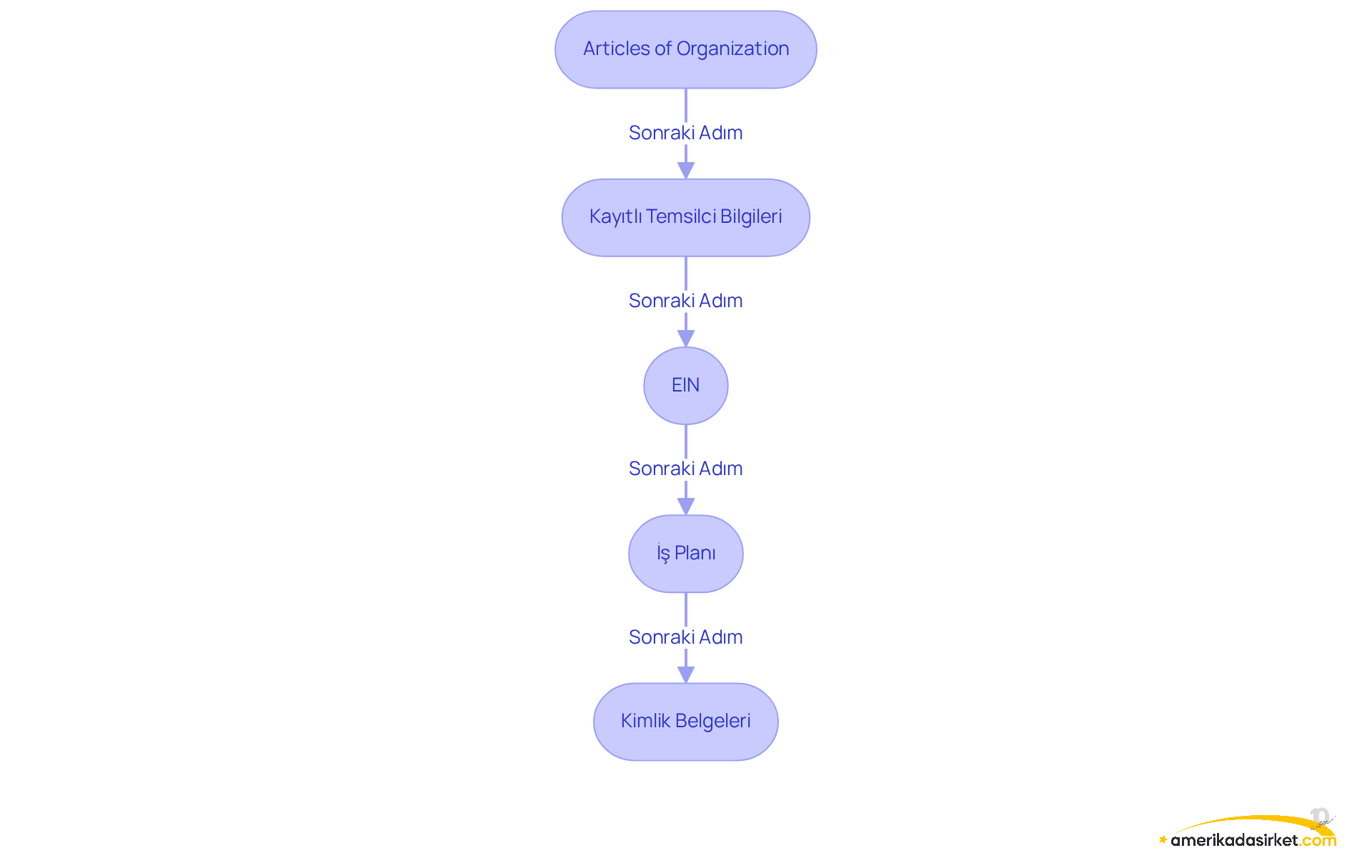 Her kutu, LLC kaydı için gereken bir belgeyi temsil eder. Oklar, belgelerin hangi sırayla sunulması gerektiğini gösterir. Süreci takip ederek, hangi belgelerin gerektiğini kolayca anlayabilirsiniz.