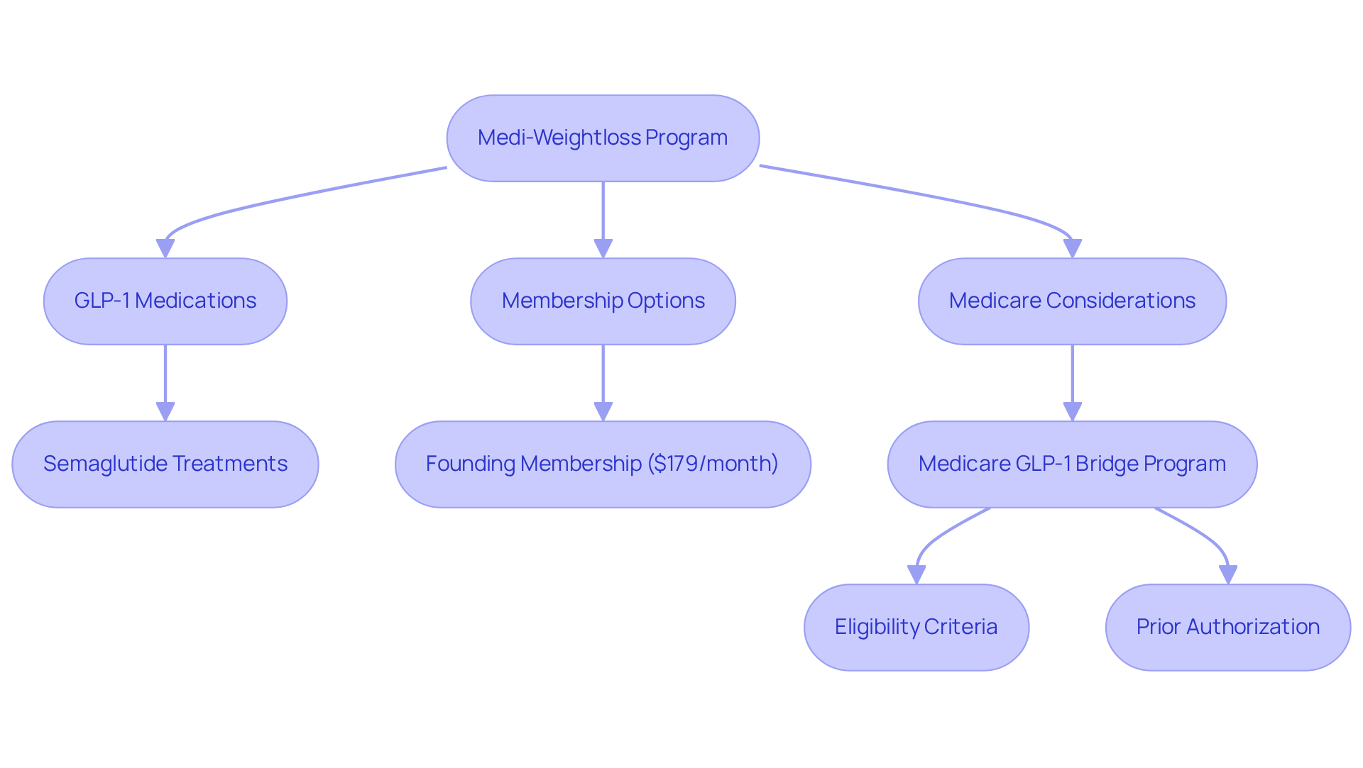 This flowchart outlines the steps and components of the Medi-Weightloss program. Start at the top with the main program, then follow the arrows to see how GLP-1 medications, membership options, and Medicare considerations fit into your weight loss journey.