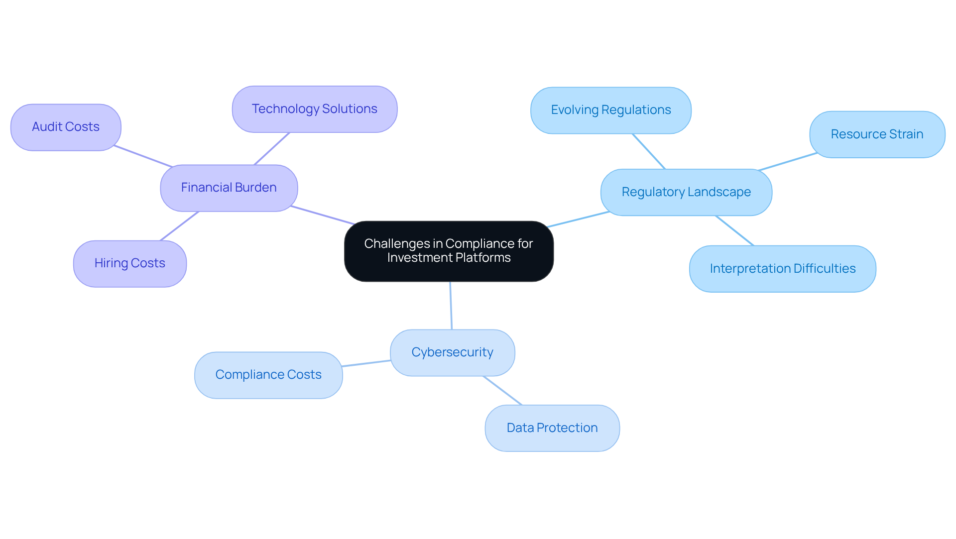 The central node represents the main topic, while the branches show different challenges. Each sub-branch provides more detail about specific issues related to that challenge.