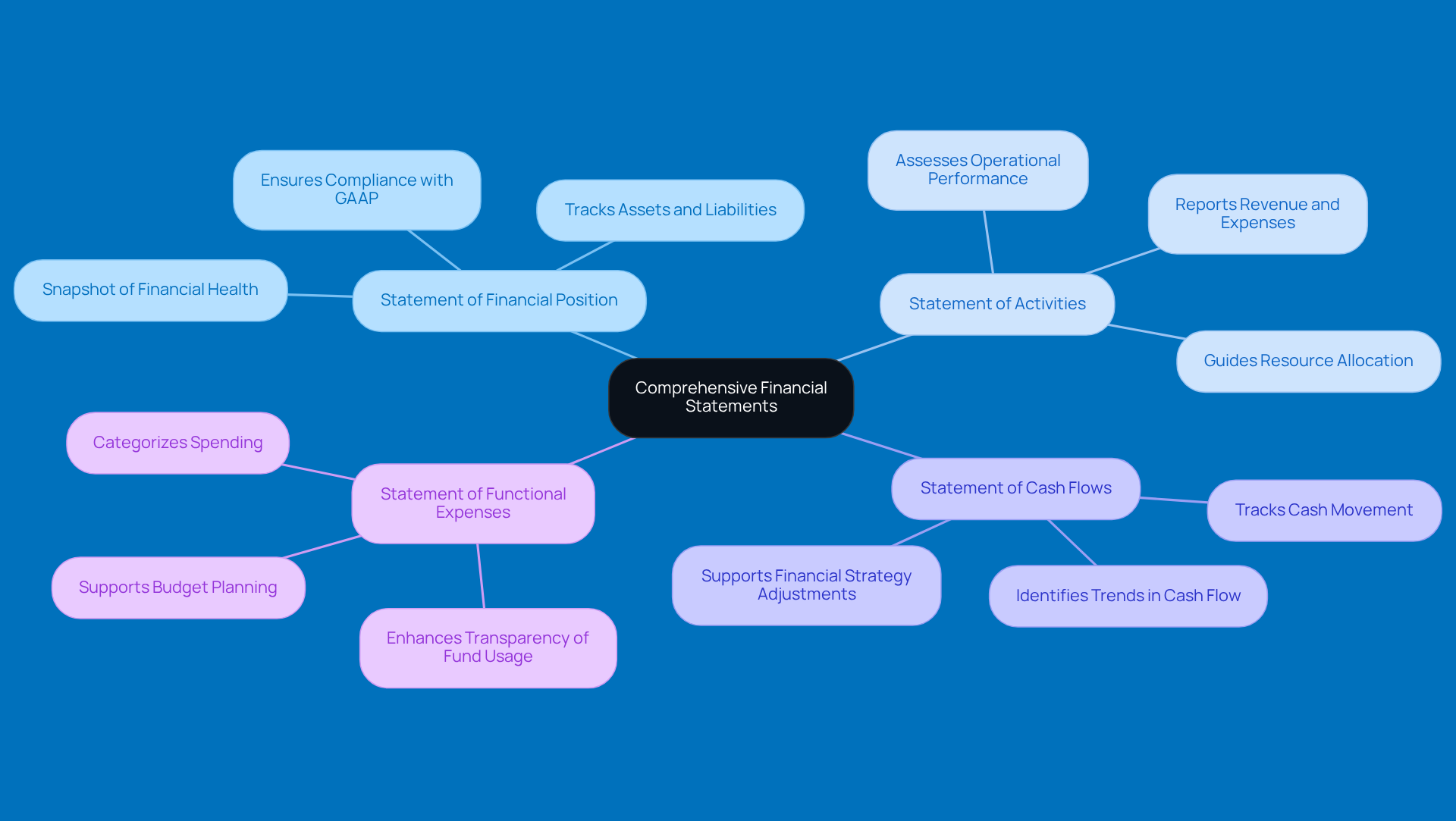 The center represents the overall theme of financial transparency, while the branches show different types of financial statements that help organizations communicate effectively with stakeholders. The center represents the overall theme of financial transparency, while the branches show different types of financial statements that help organizations communicate effectively with stakeholders.