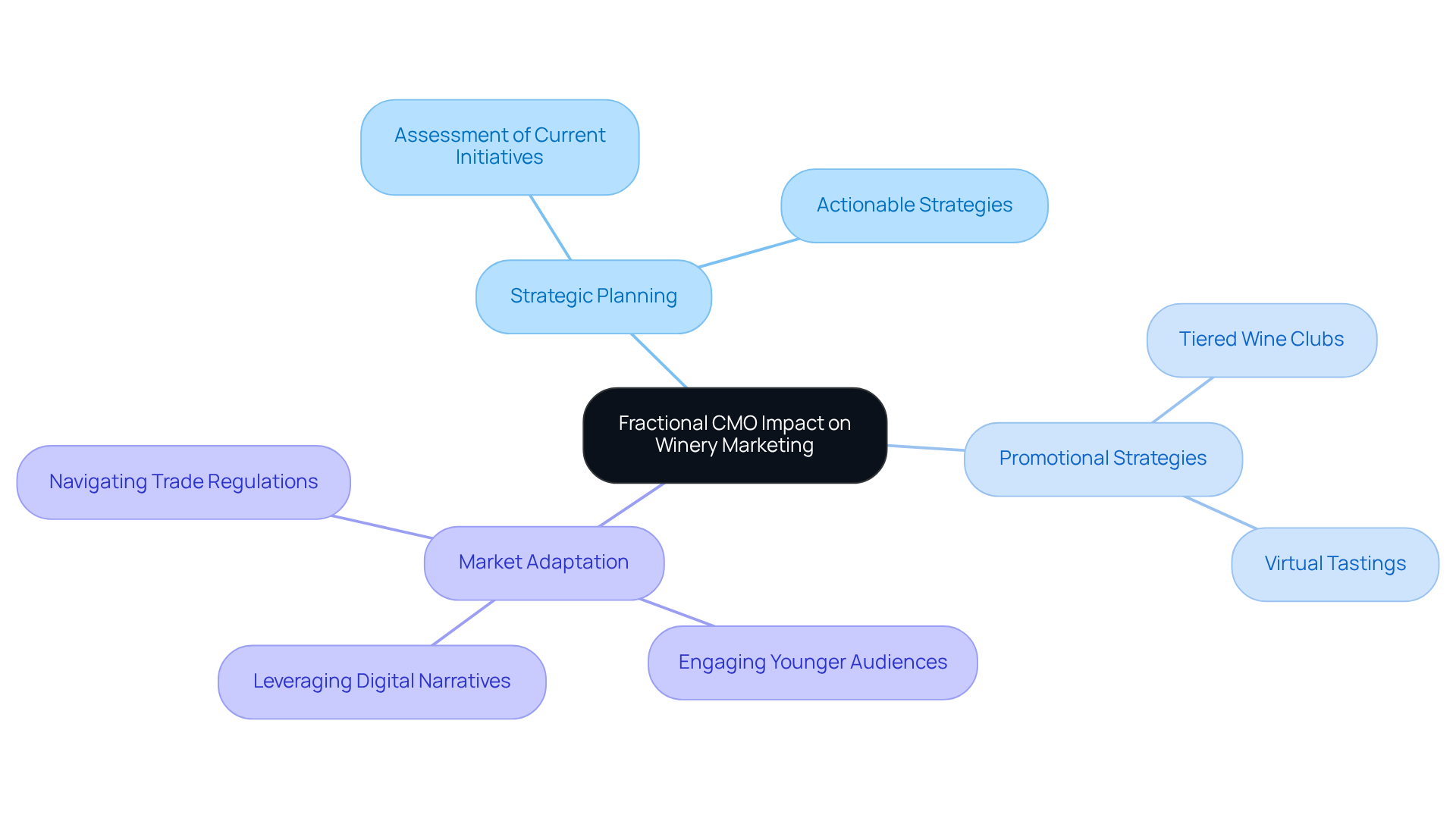 This mindmap breaks down how a fractional CMO can transform winery marketing by connecting strategic planning to promotional tactics and market adaptation. Follow the branches to explore the different areas of impact. This mindmap breaks down how a fractional CMO can transform winery marketing by connecting strategic planning to promotional tactics and market adaptation. Follow the branches to explore the different areas of impact.