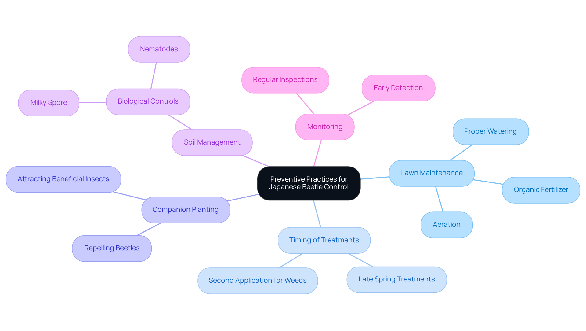 Start at the center with the main theme of preventing beetle infestations. Follow the branches to explore different strategies and their specific actions, helping you understand how to keep your lawn healthy and pest-free.
