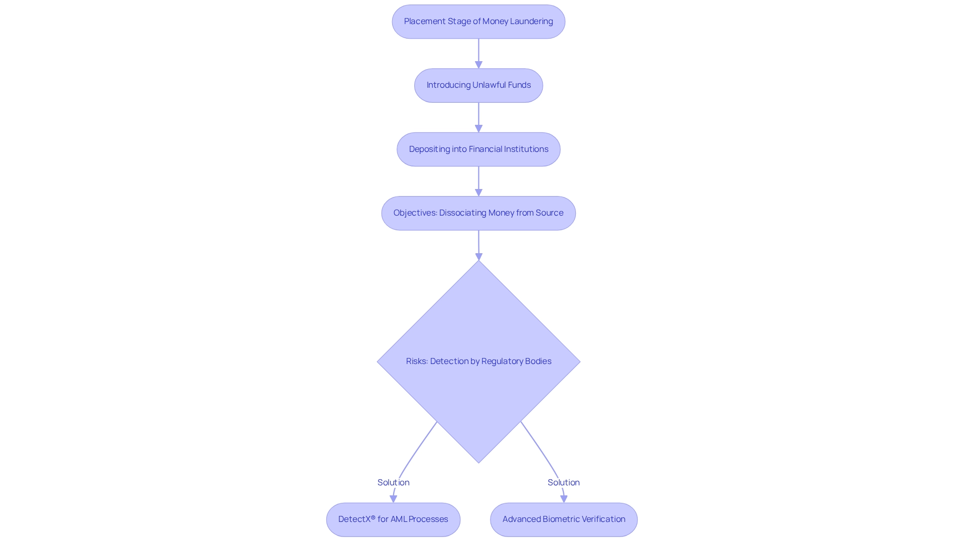 Each box represents a step in the placement stage. Follow the arrows to see how unlawful funds are introduced, the risks involved, and the solutions that help combat these issues.