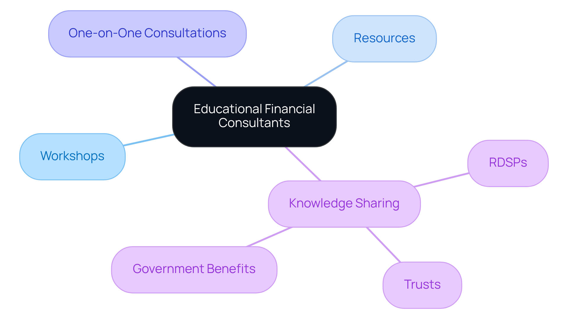 This mindmap illustrates how educational financial consultants support families in special needs planning. Start at the center with the main idea, then explore the branches to see the various services offered and how they help families make informed financial decisions.