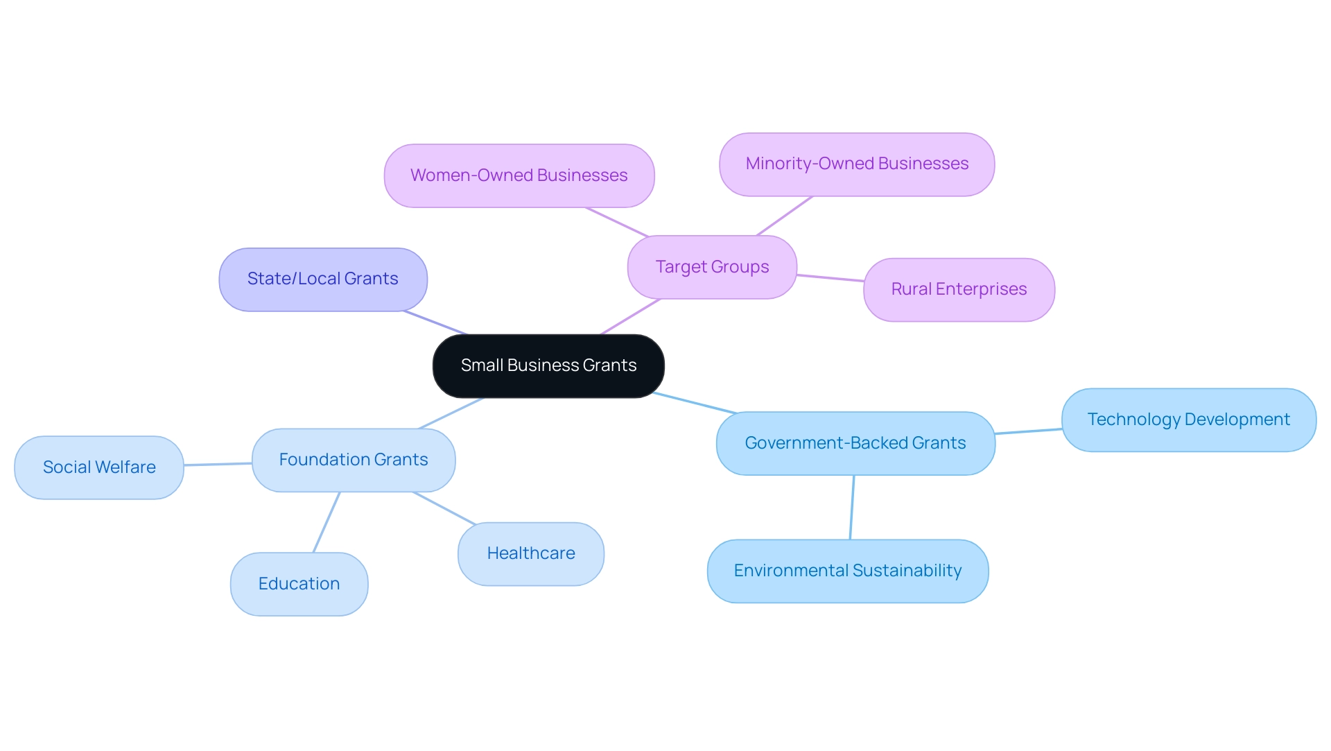 Color-coded branches represent different types of grants and their focus areas, with sub-branches indicating specific target groups. Color-coded branches represent different types of grants and their focus areas, with sub-branches indicating specific target groups.