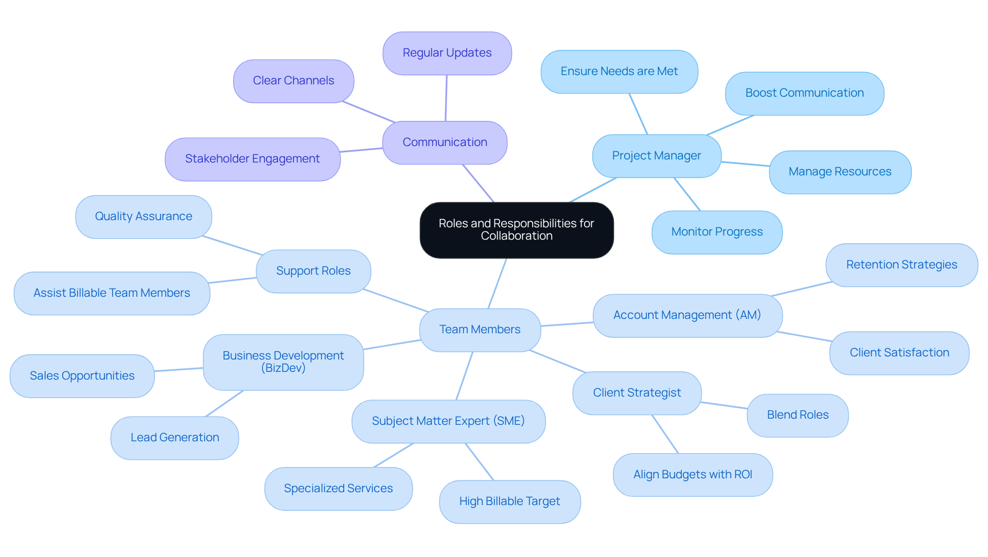 The center shows the main focus on roles and responsibilities. Each branch represents a key area of collaboration, with sub-branches detailing specific tasks and expectations for team members.