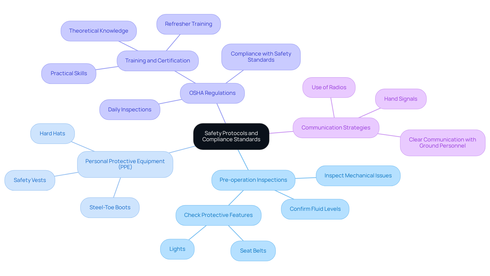The center represents the main focus on safety protocols, with branches showing key practices and their specific actions. Each color-coded branch helps you quickly identify different areas of safety, making it easier to remember and implement.