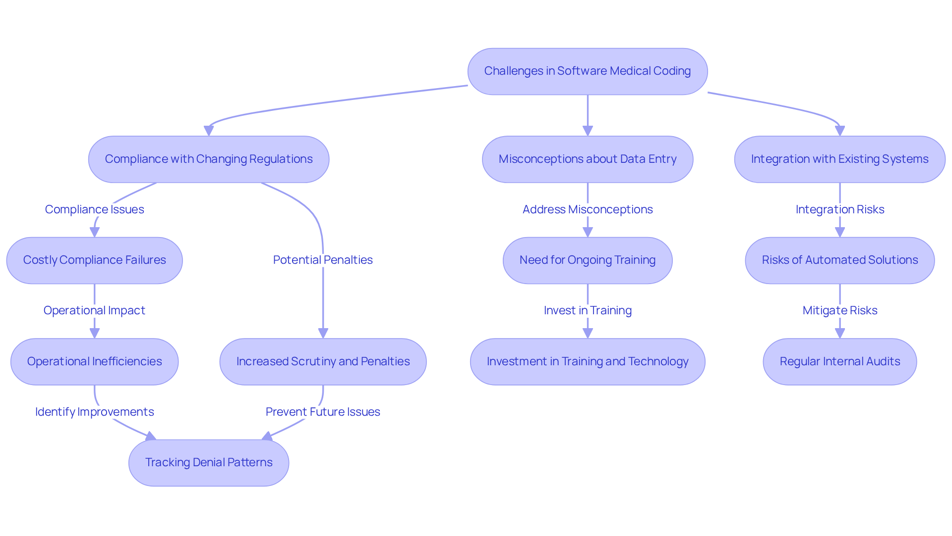This flowchart outlines the key challenges faced in software medical coding and the steps to address them. Start at the top with the main challenges, then follow the arrows to see specific issues and recommended solutions. Each box represents a different aspect of the coding process, helping you understand how they connect. This flowchart outlines the key challenges faced in software medical coding and the steps to address them. Start at the top with the main challenges, then follow the arrows to see specific issues and recommended solutions. Each box represents a different aspect of the coding process, helping you understand how they connect.