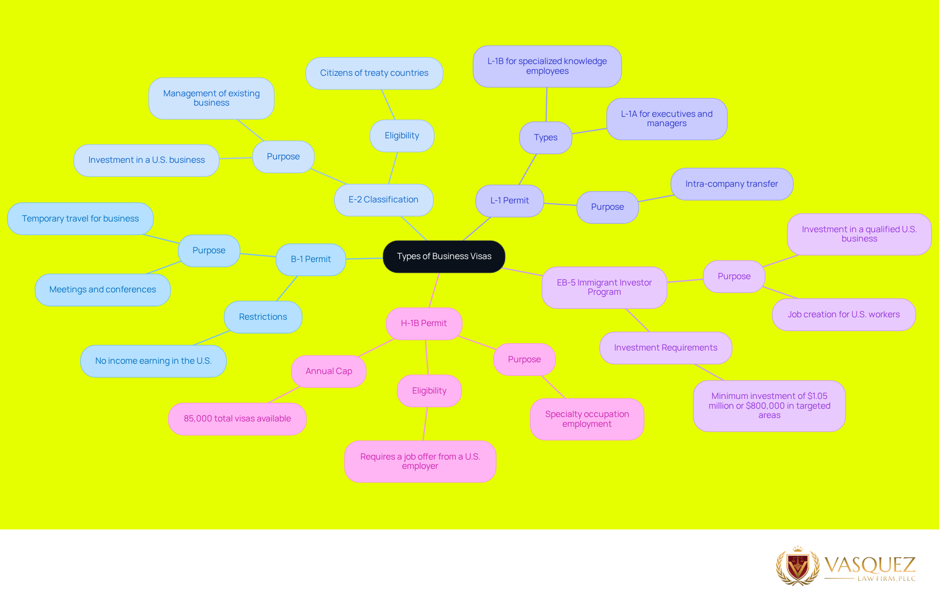 The central node represents the main topic of business visas. Each branch shows a different type of visa, and the sub-branches provide important details about what each visa allows and who can apply for it. This visual helps you see the variety of options available for starting a business in the U.S.