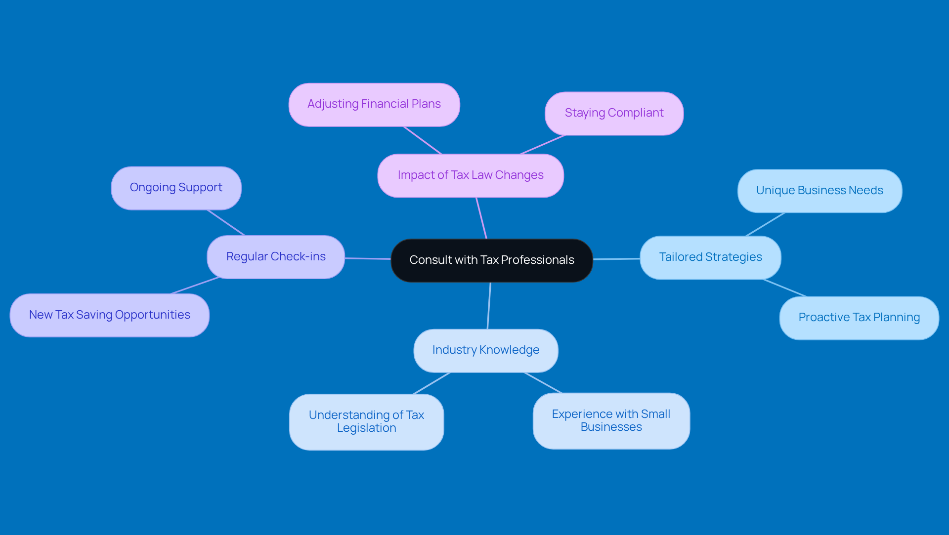 The center represents the main idea of consulting tax professionals, while the branches show the various benefits and considerations that come with it. Each branch highlights a different aspect of how tax consultants can help your business.