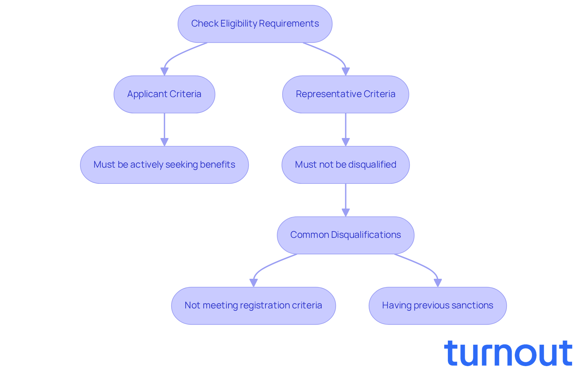 Follow the flowchart to understand what criteria you and your representative must meet. Each box represents a step or requirement, and the arrows show the path to take for checking eligibility.