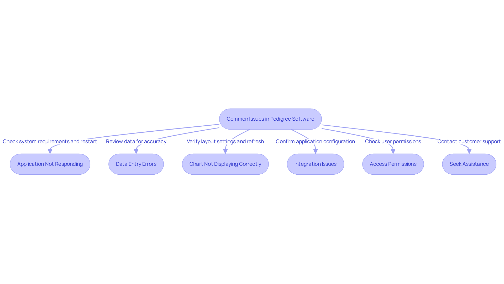 Each box represents a common issue you might face while using the software. Follow the arrows to see the recommended steps to resolve each problem. If you reach the 'Seek Assistance' box, it means it's time to contact customer support for further help.