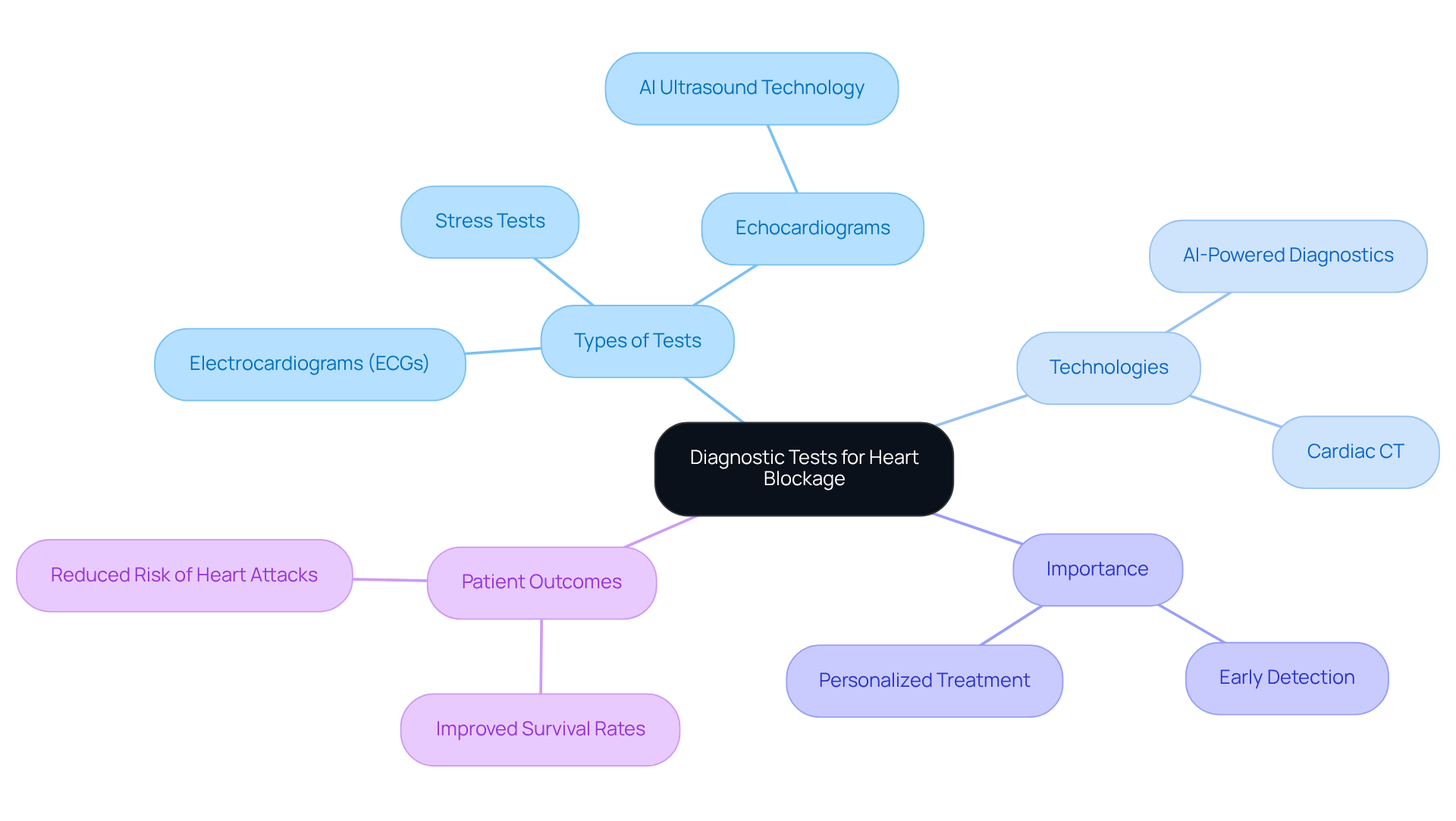 The central node represents the main topic, while each branch highlights a related aspect of the diagnostic process. Explore each branch to see how tests and technologies contribute to heart health management.