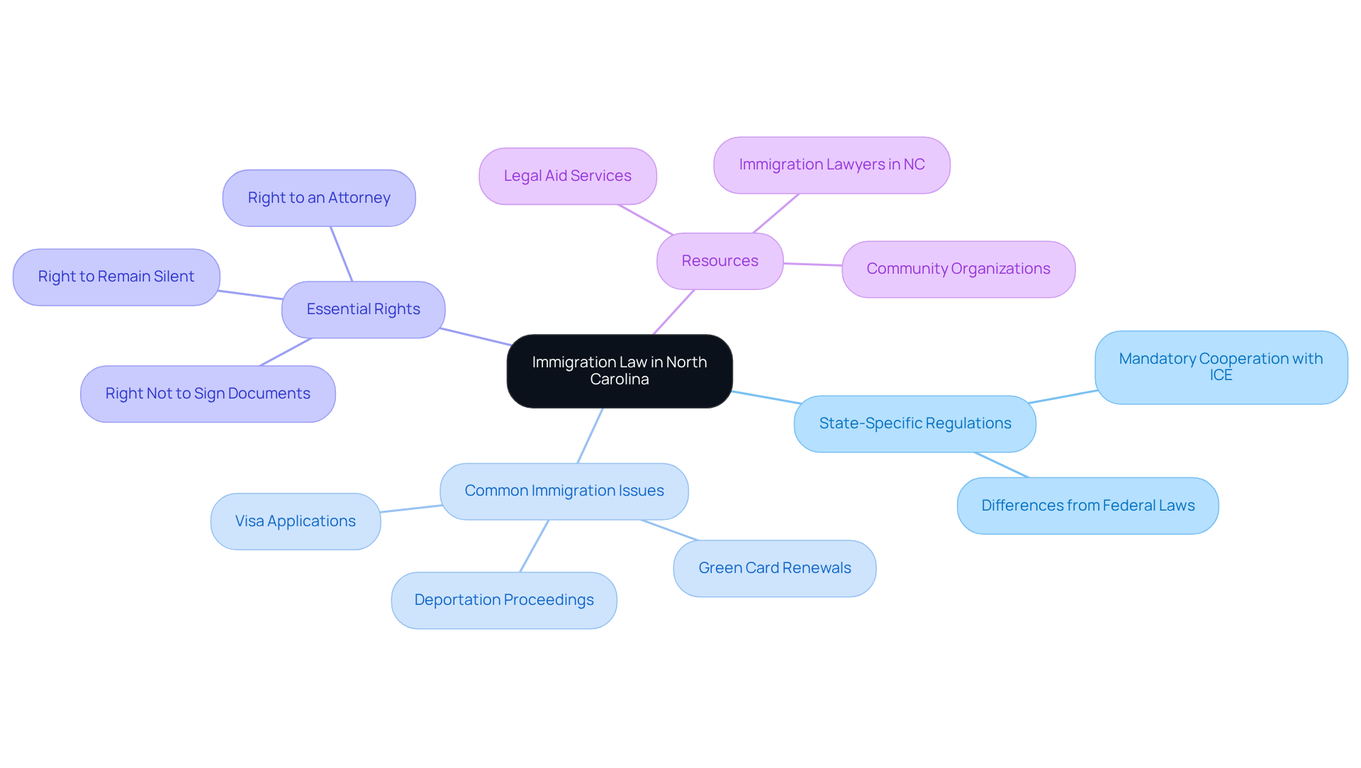 This mindmap starts with the main topic in the center and branches out to show important areas of immigration law. Each branch represents a key aspect, and the sub-branches provide more details. This layout helps you see how everything connects and what you need to know.