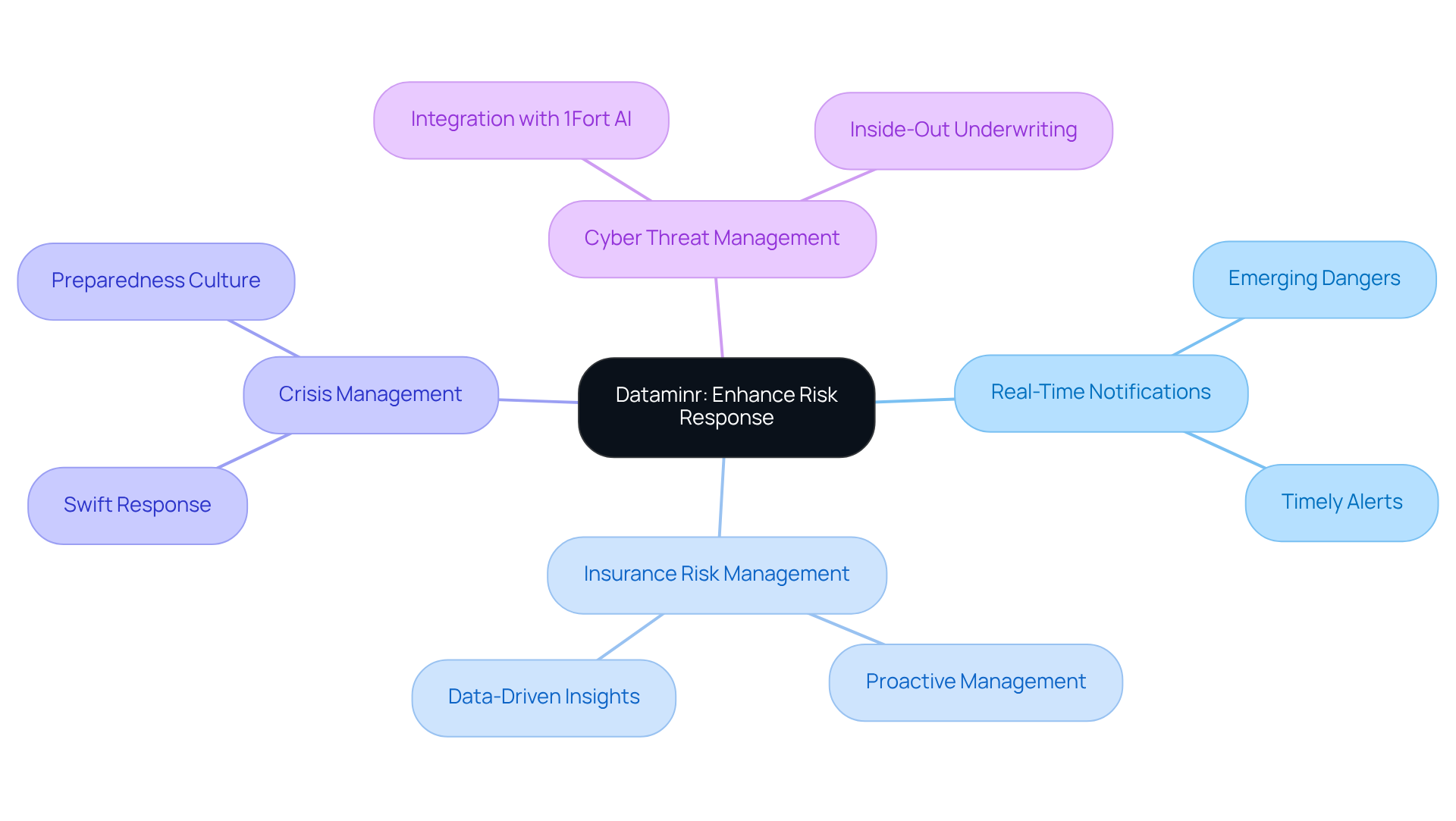 The central node represents Dataminr's impact, while the branches show how it connects to various aspects of risk management and crisis response. Each color-coded branch helps you see the different areas of focus and their relationships.