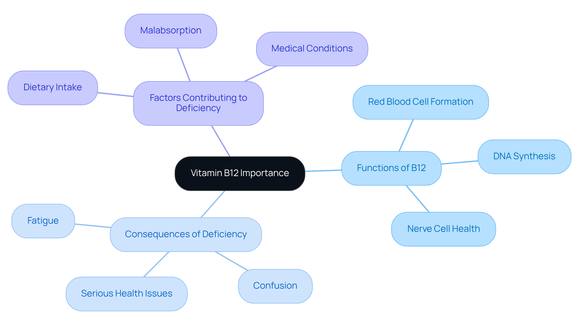 This mindmap starts with Vitamin B12 at the center. Each branch shows its functions, what happens when levels drop, and what can cause a deficiency. Follow the branches to see how everything connects and why it's important to monitor your B12 levels. This mindmap starts with Vitamin B12 at the center. Each branch shows its functions, what happens when levels drop, and what can cause a deficiency. Follow the branches to see how everything connects and why it's important to monitor your B12 levels.