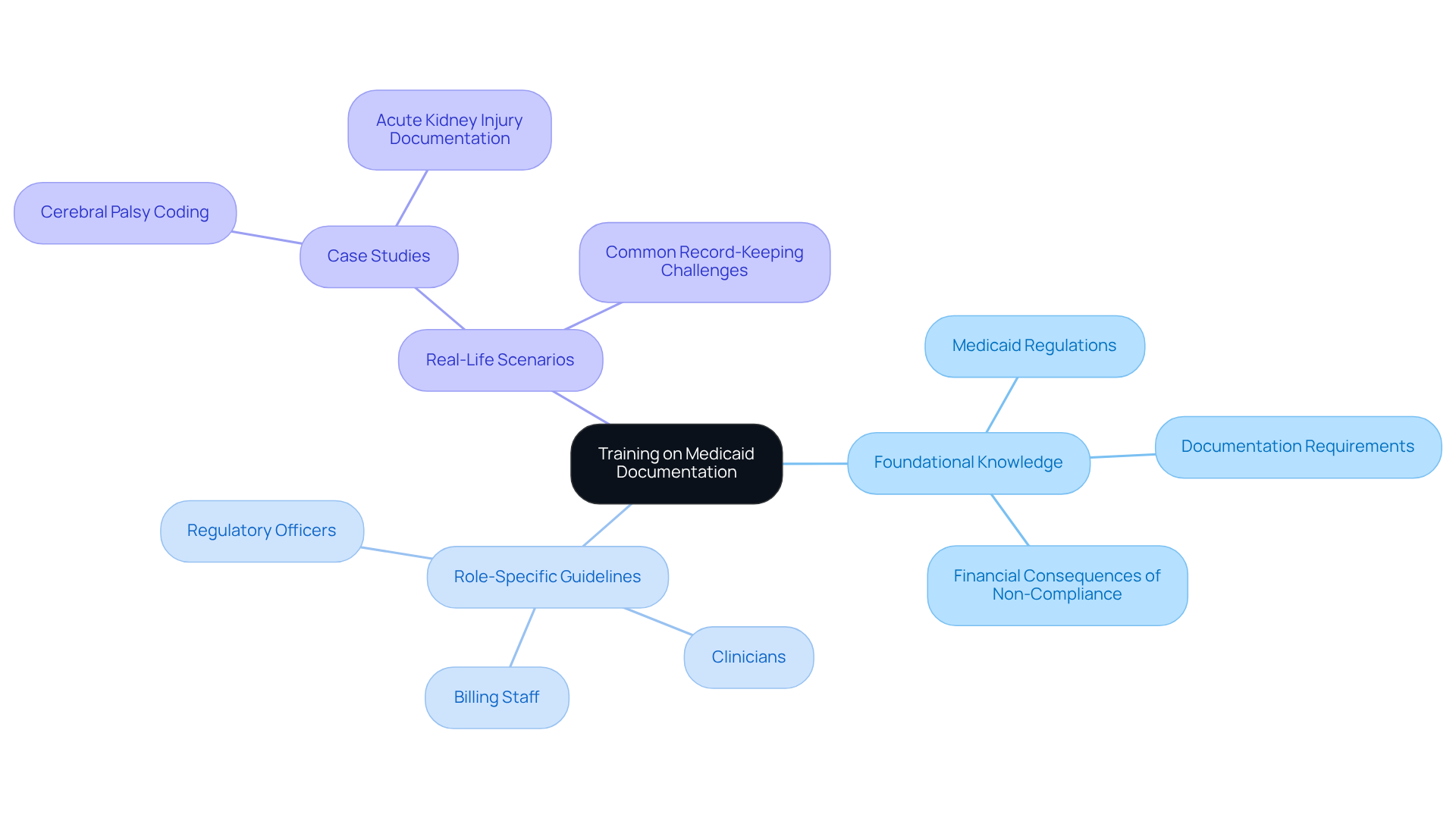 This mindmap starts with the central theme of training on Medicaid documentation. Each branch represents a key component of the training program, with further details branching out to show specific focus areas. Follow the branches to see how each part contributes to the overall training strategy.