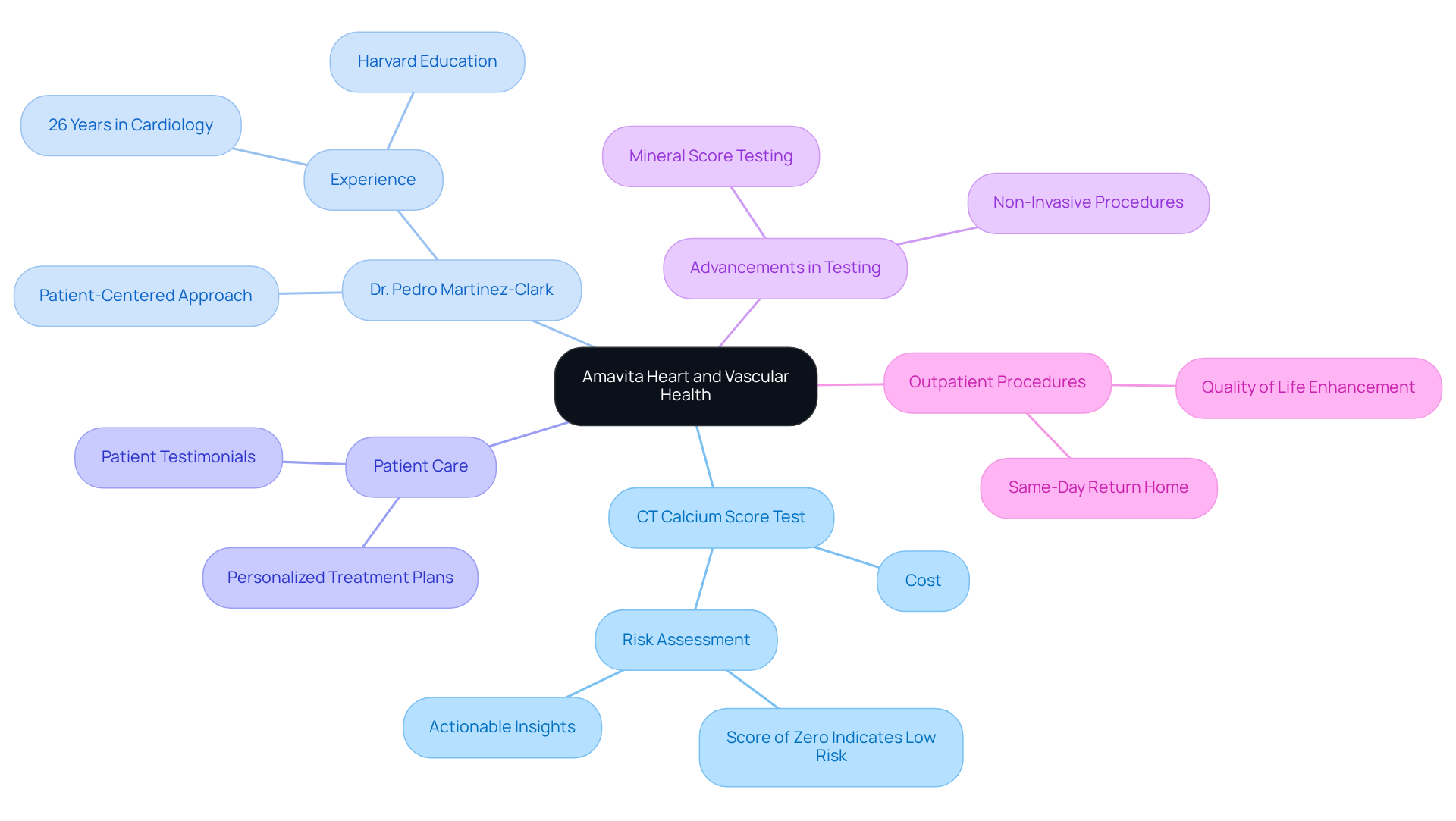 The central node represents Amavita's focus on heart health, while the branches illustrate various aspects of their services and expertise. Each branch connects to specific details, helping you see how everything relates to the overall theme of cardiovascular care.