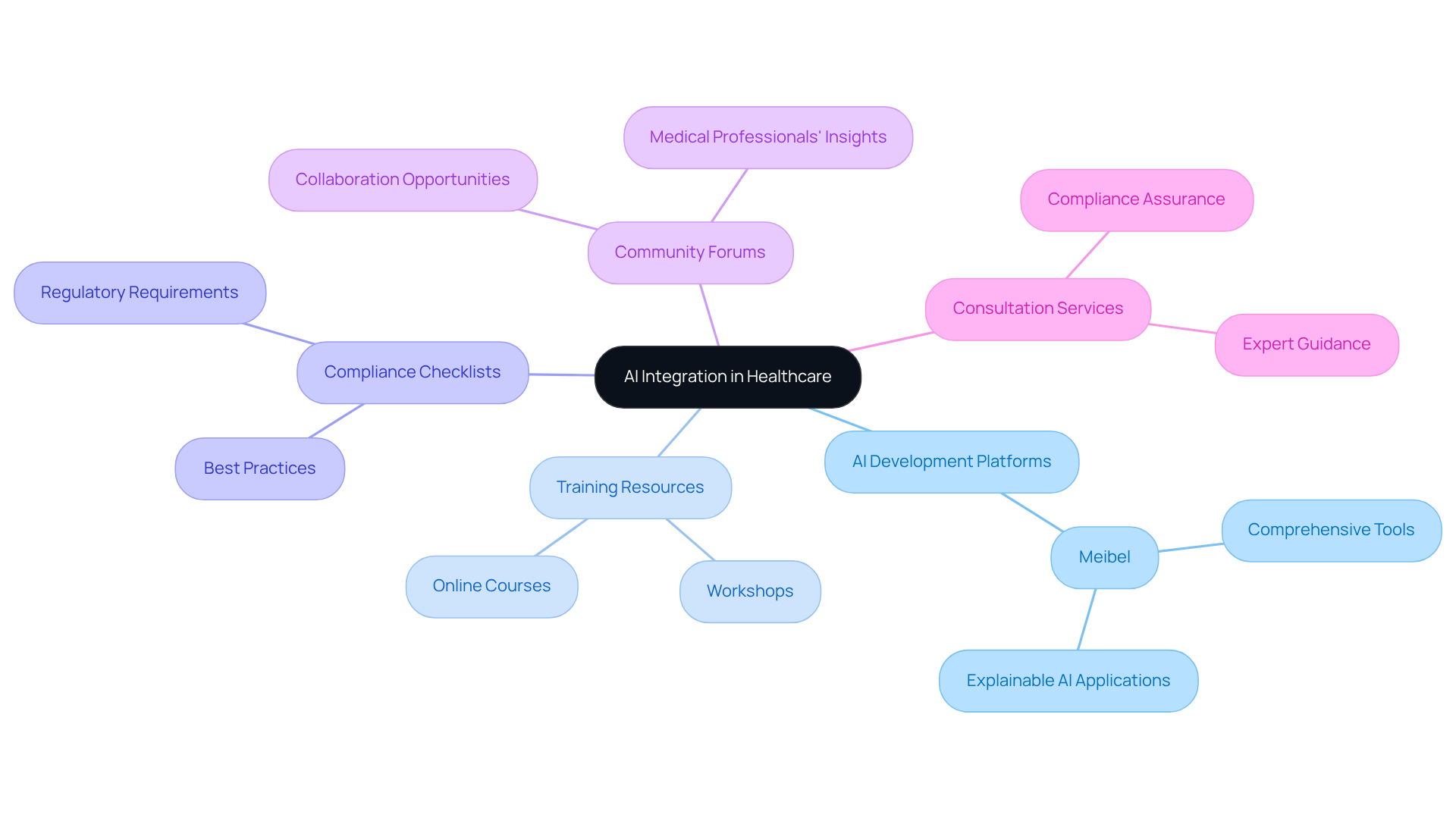 The central node represents the main goal of integrating AI in healthcare. Each branch shows a different resource that can help achieve this goal, with further details available in the sub-branches.