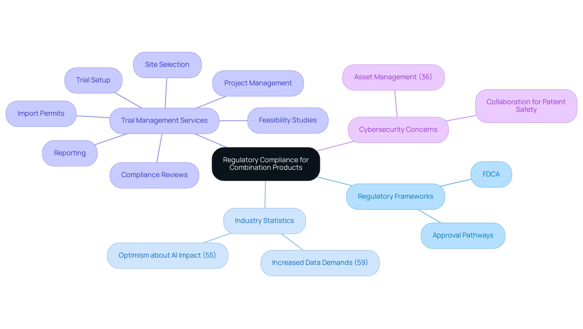 The central node represents overall compliance navigation, with branches illustrating key areas such as regulations, statistics, services, and cybersecurity.