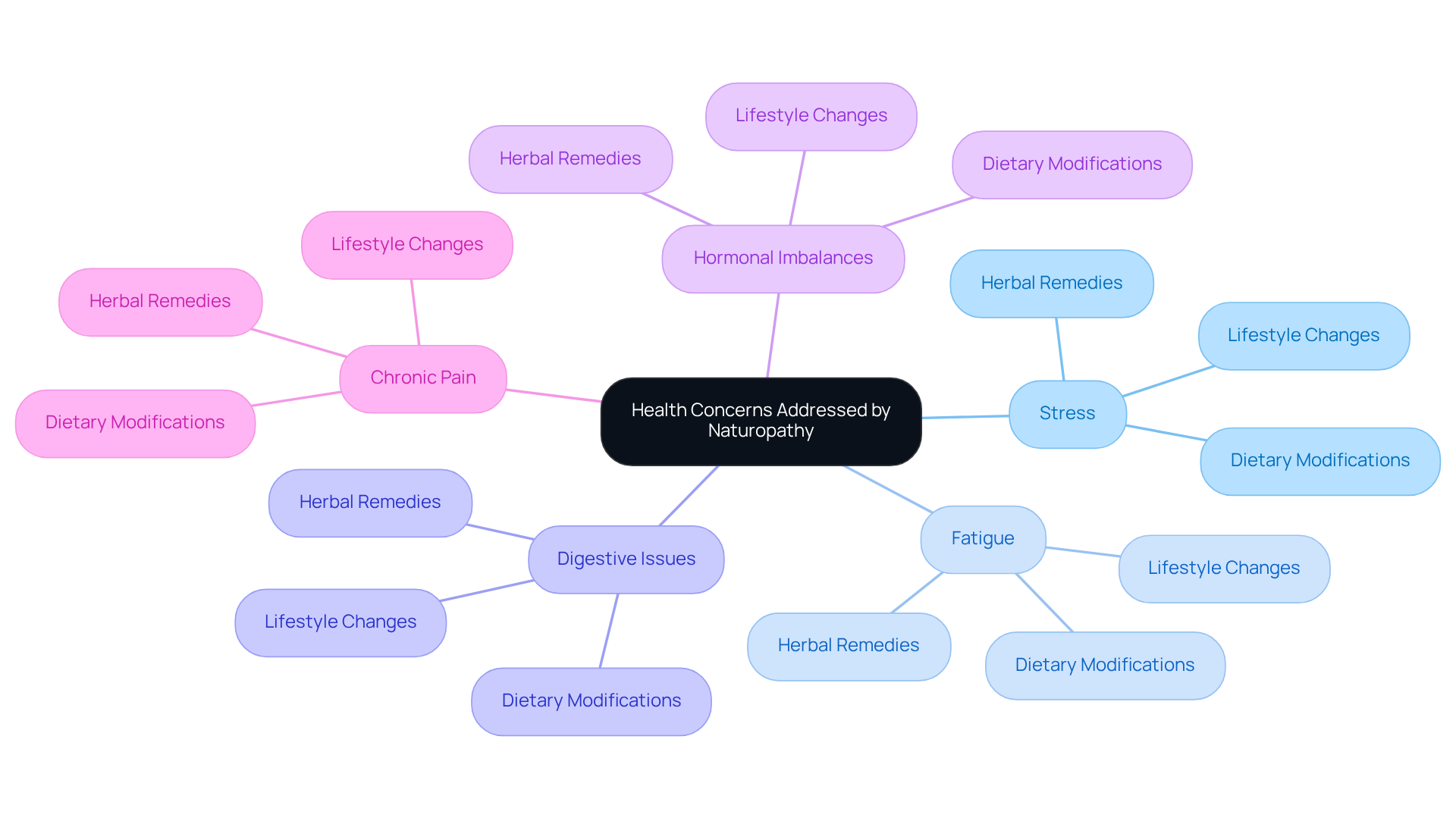 The central node represents the overall theme of health concerns, with branches illustrating specific issues faced by corporate executives. Each branch highlights how naturopathy can provide solutions to those concerns.