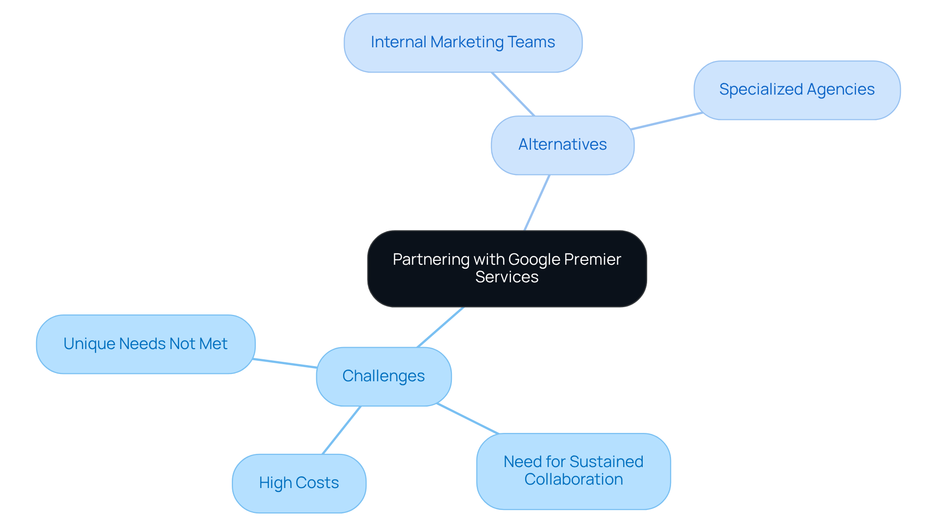 The center represents the main topic of partnering with Google. The branches show the challenges faced and the alternatives available, helping you understand the options and considerations for effective marketing strategies.