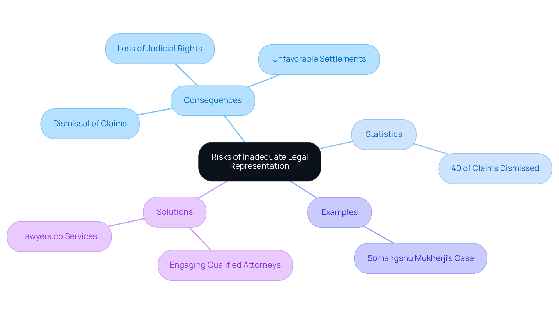 The central idea is the risks of not having proper legal representation. Each branch shows related topics, helping you understand the consequences, statistics, and solutions to these risks.