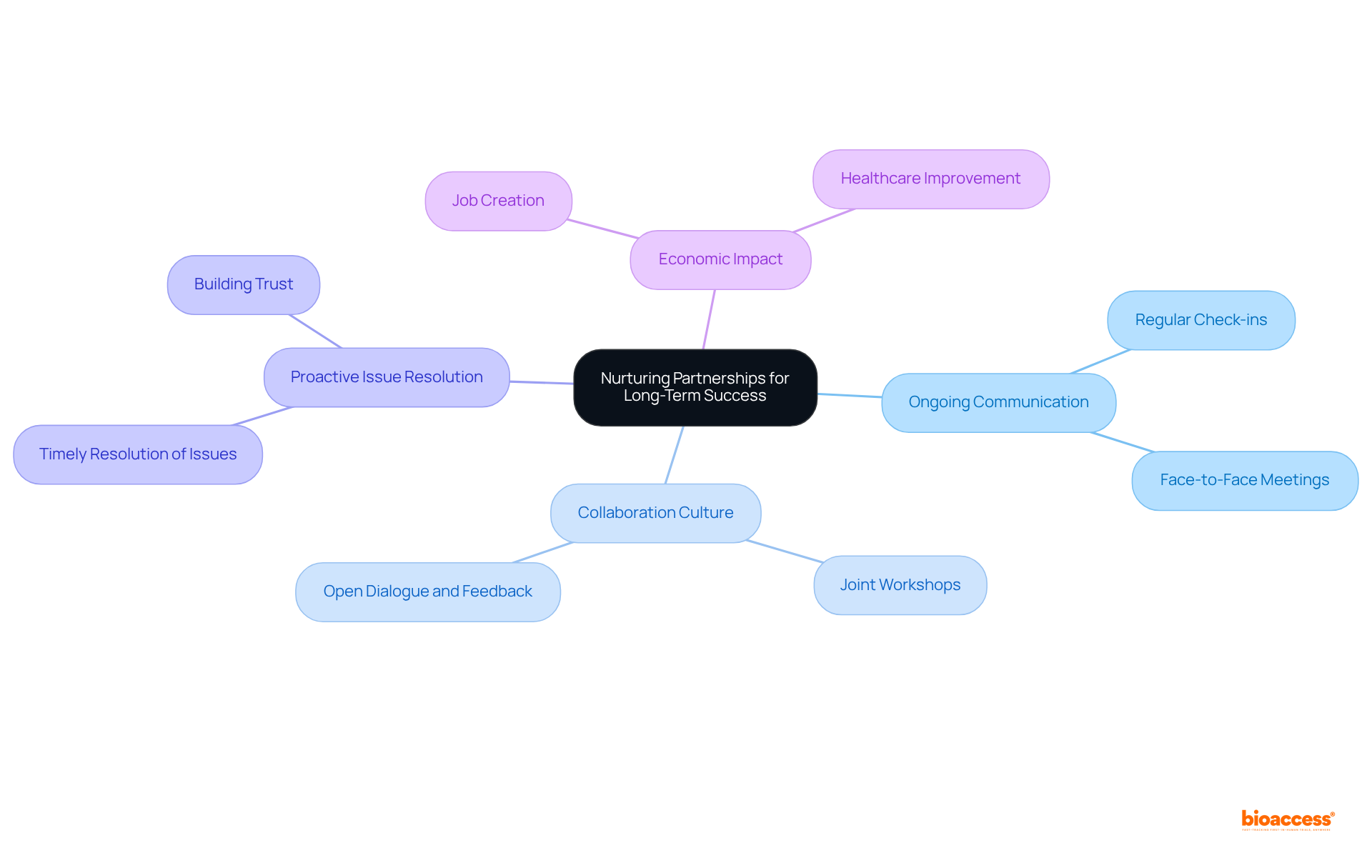The central idea focuses on nurturing partnerships. Each branch represents a key strategy, and the sub-branches provide specific actions or practices to support that strategy. Follow the connections to see how they all work together to build long-lasting relationships.