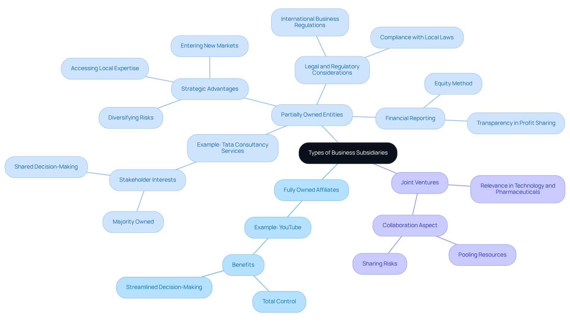 Start at the center with the main topic, then explore each branch to learn about different subsidiary types, their examples, and key characteristics. Start at the center with the main topic, then explore each branch to learn about different subsidiary types, their examples, and key characteristics.