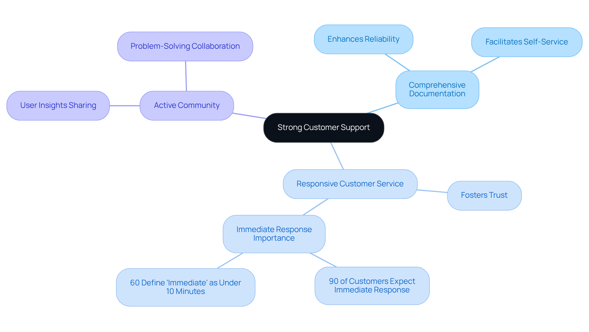 The center represents the core focus on customer support, while the branches show the key components that contribute to user satisfaction and platform reliability. Each branch highlights how these elements work together to create a positive experience for users.