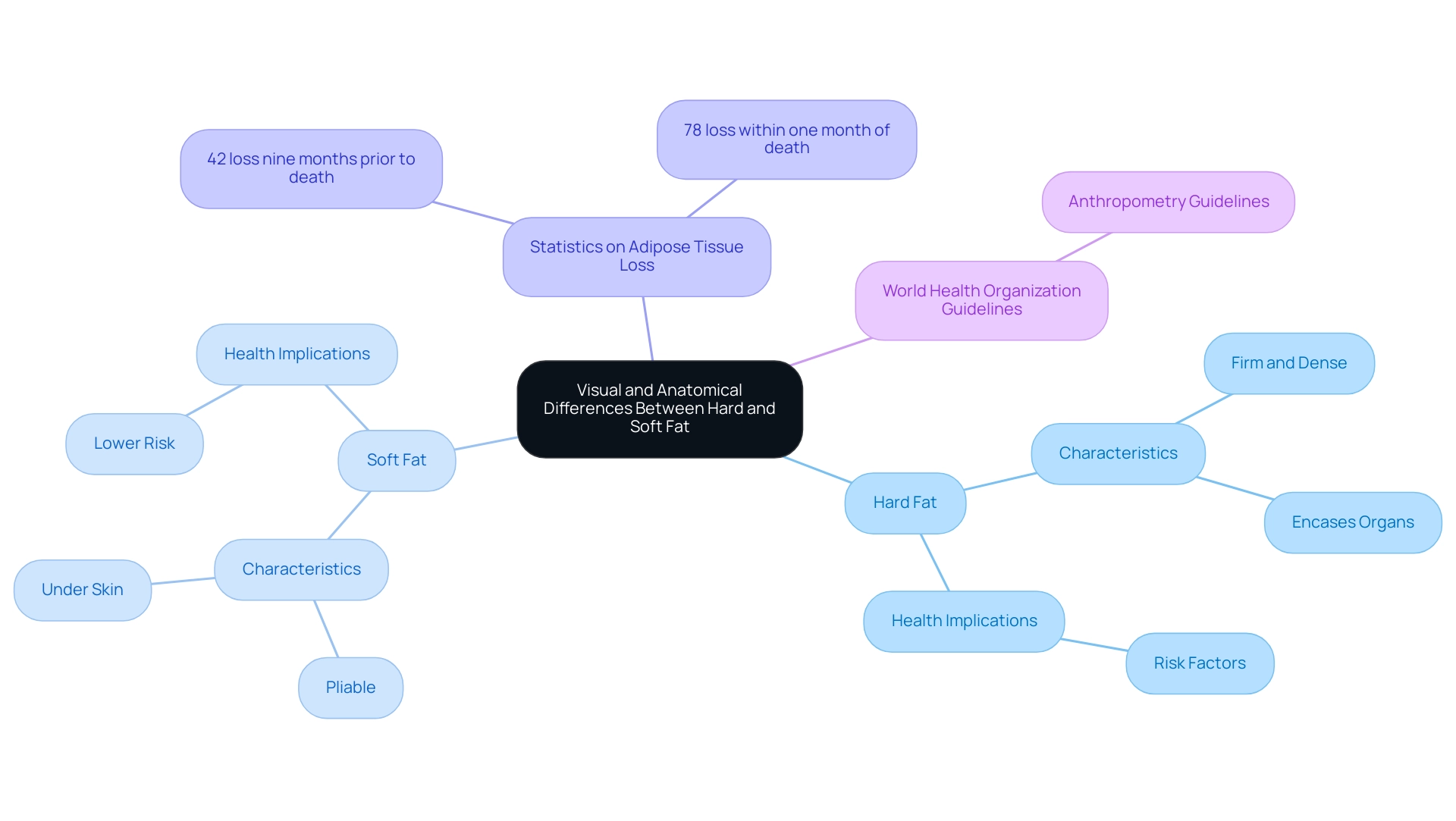 The central node represents the topic, with branches indicating hard and soft fat. Color coding distinguishes between the two types, and sub-branches provide details on characteristics and health implications.