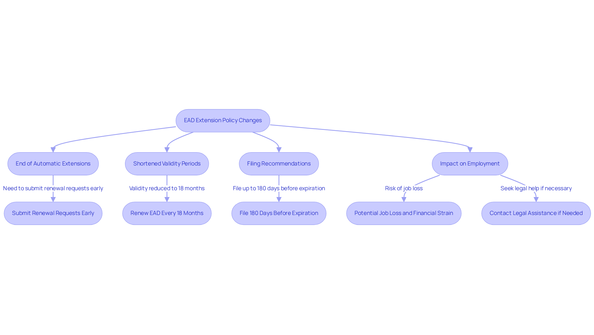 This flowchart outlines the recent changes to EAD extension policies. Each box represents a key update or recommendation, and the arrows show how these changes connect to the actions you need to take. Follow the flow to understand how to navigate these new regulations and protect your work authorization.