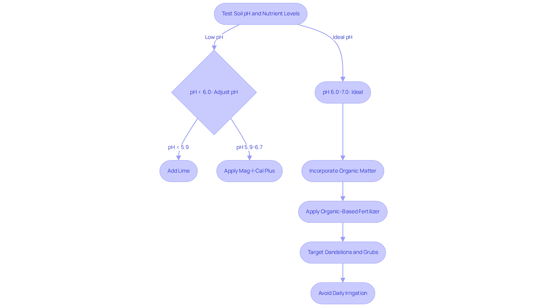 Follow the arrows to see each step in preparing your soil and managing nutrients for a healthy lawn. Each box represents an action you should take based on your soil's condition.