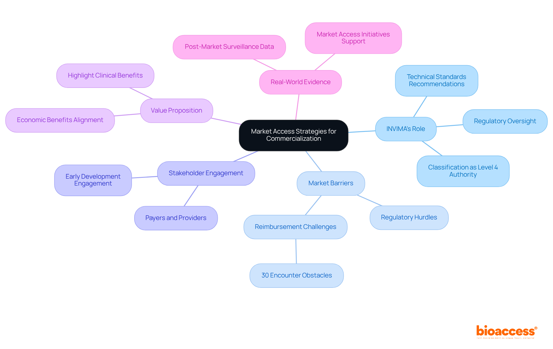 The central node represents the main topic of market access strategies, while the branches illustrate the important factors and strategies that contribute to successful commercialization. Each branch helps illustrate how different elements interact and support one another.