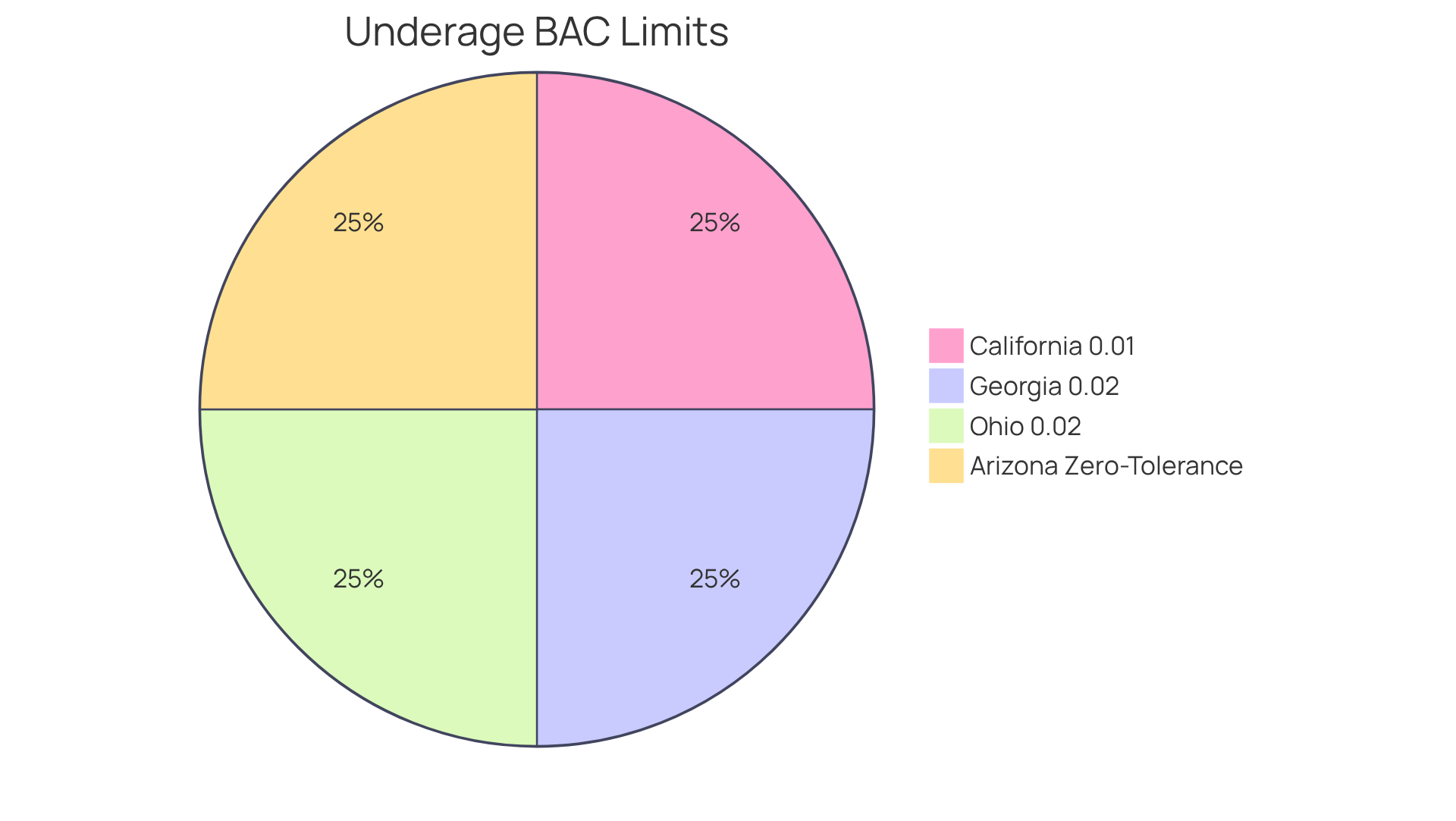 Each slice of the pie represents a different state's BAC limit for underage drivers. The size of each slice shows how many states have that specific limit, helping you see which limits are more common and which are stricter.