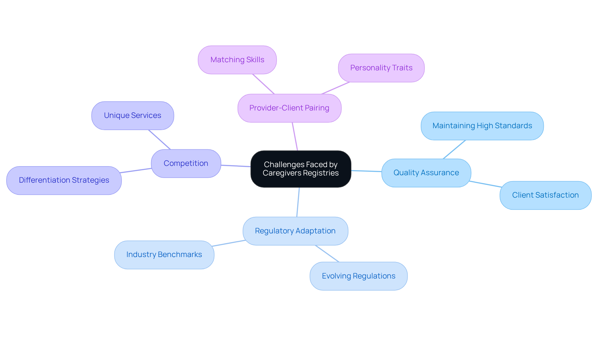 The central node represents the overarching topic of challenges, while the branches illustrate specific issues that registries encounter. Each color-coded branch makes it easy to see how different challenges are interconnected.