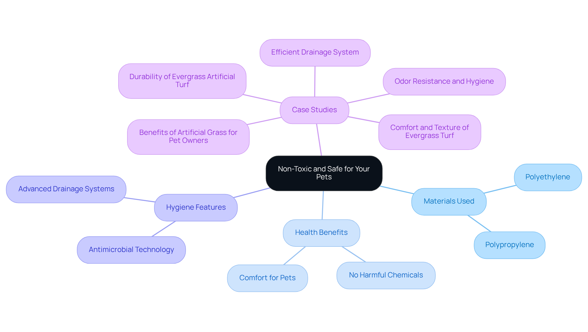 This mindmap shows how synthetic grass is designed to be safe for pets. Start at the center with the main idea, then follow the branches to see the materials used, health benefits, hygiene features, and real-life examples of its effectiveness.