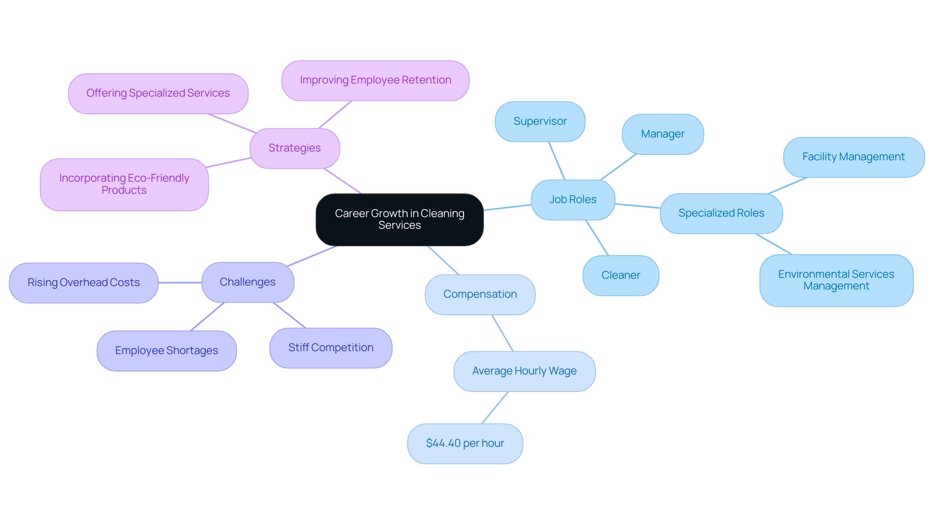 The central node represents the overall career growth theme, with branches for job roles, compensation, challenges, and strategies, each represented in distinct colors.