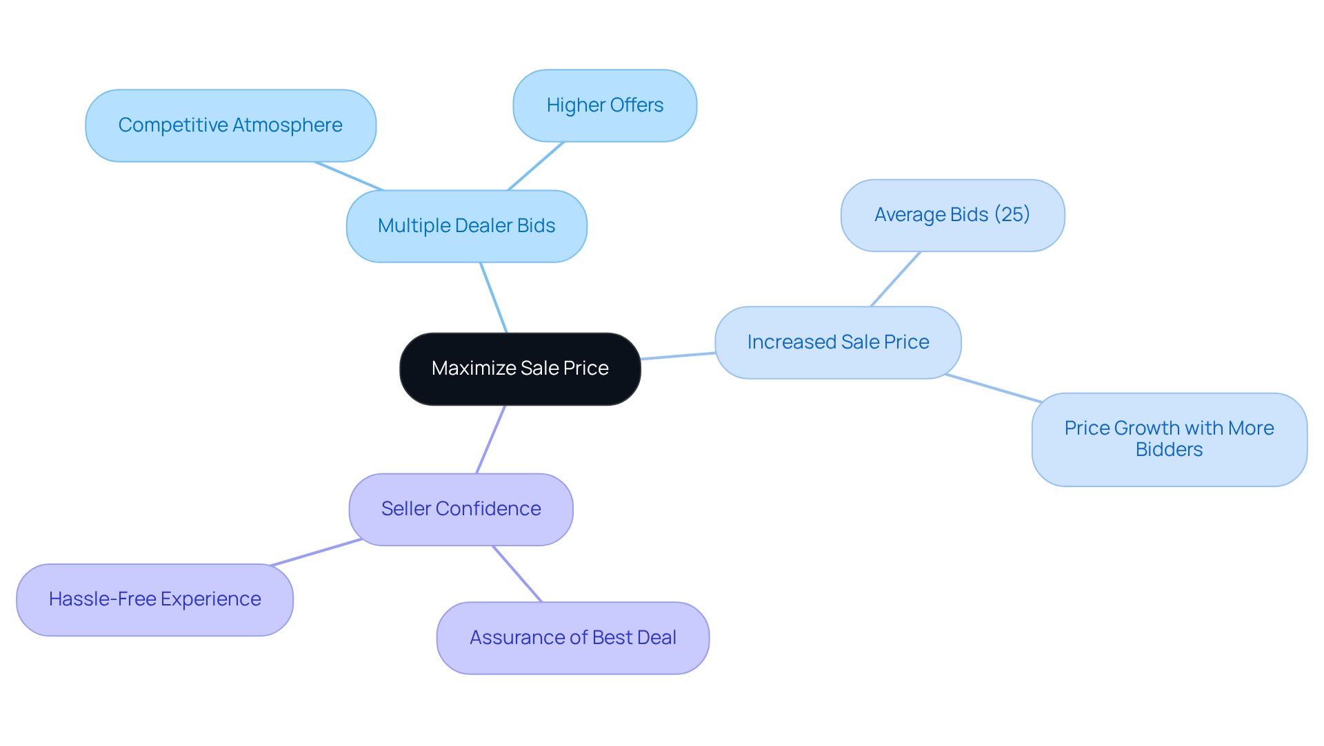 The central idea is about maximizing sale price, with branches showing how multiple bids, increased competition, and seller confidence contribute to achieving this goal. Each branch represents a key aspect of the bidding process. The central idea is about maximizing sale price, with branches showing how multiple bids, increased competition, and seller confidence contribute to achieving this goal. Each branch represents a key aspect of the bidding process.
