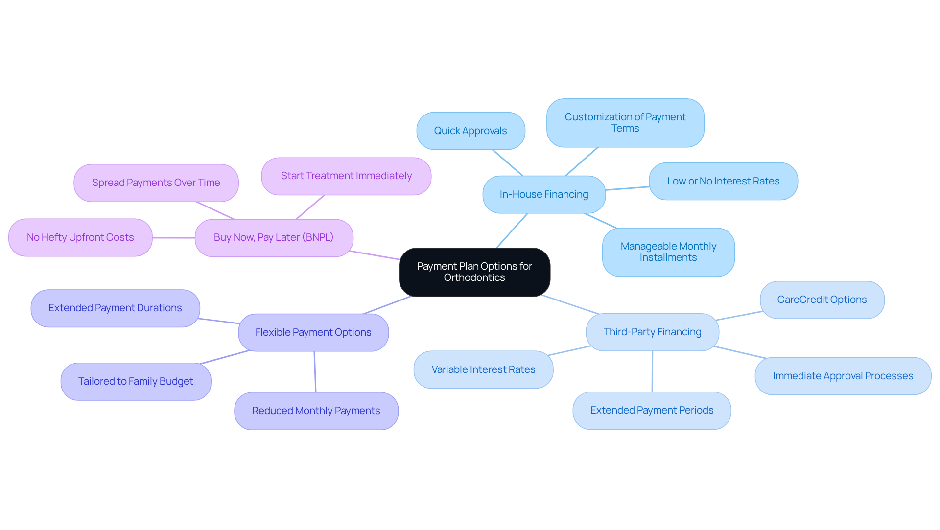 The central node represents the main topic of payment plans, while the branches show different financing options available. Each option has its own unique features, helping you understand what might work best for your family's needs.