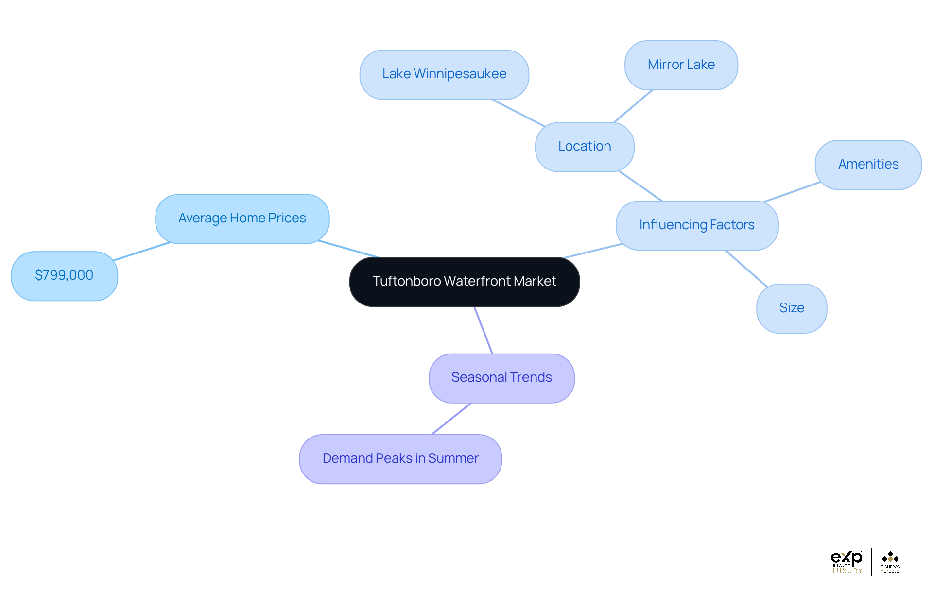 The central node represents the overall market, while branches show how different factors like price, location, and seasonality affect the waterfront home buying experience.