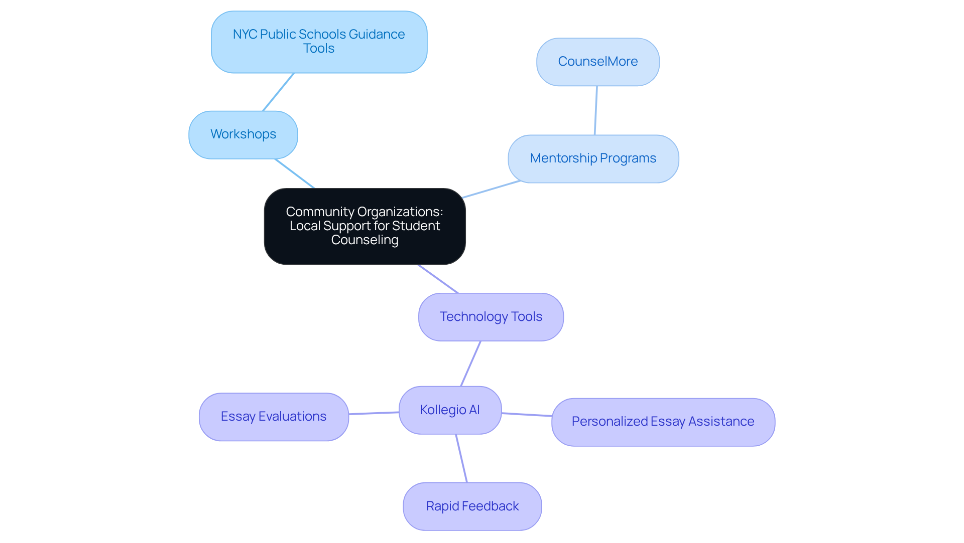 The center represents community organizations, and the branches show different types of support they provide. Each branch leads to specific examples, helping you understand how these resources work together to assist students.