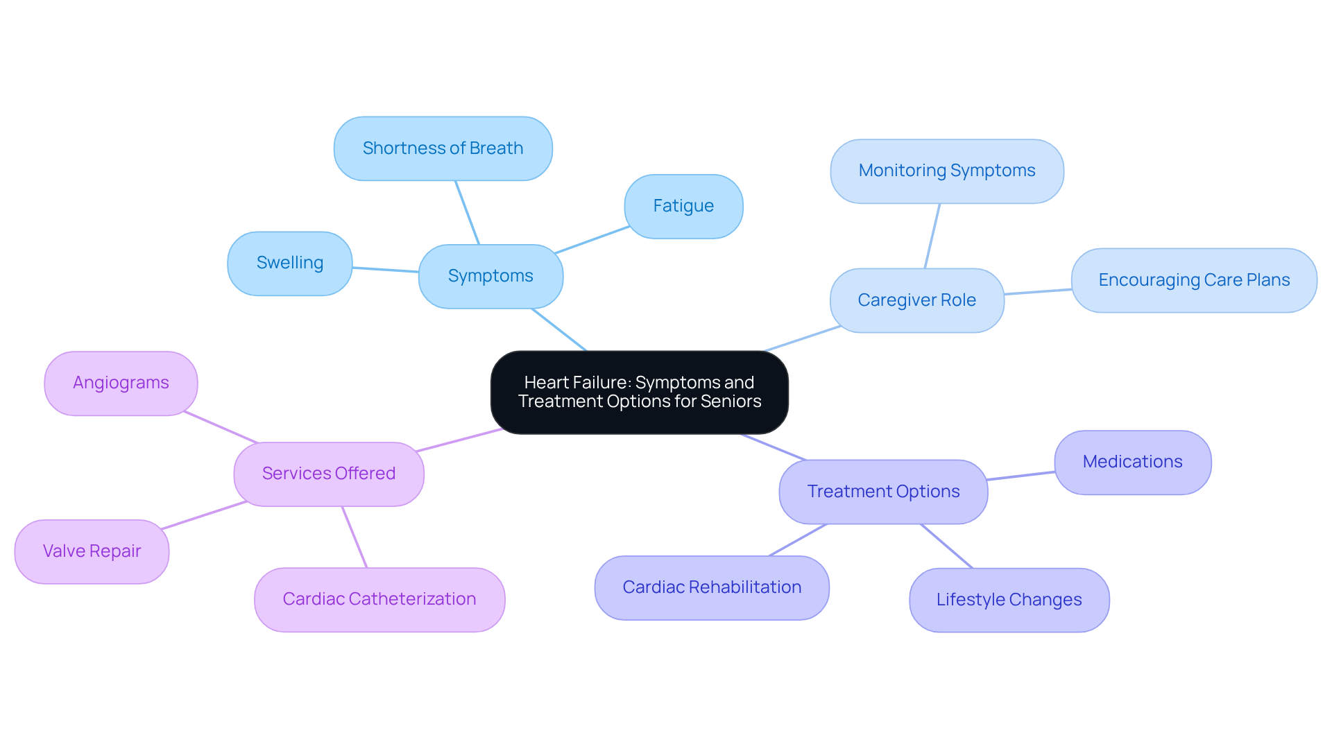 This mindmap starts with heart failure at the center and branches out to show symptoms, caregiver roles, treatment options, and services. Each branch represents a key area of focus, helping you understand how they connect and contribute to managing heart failure in seniors.