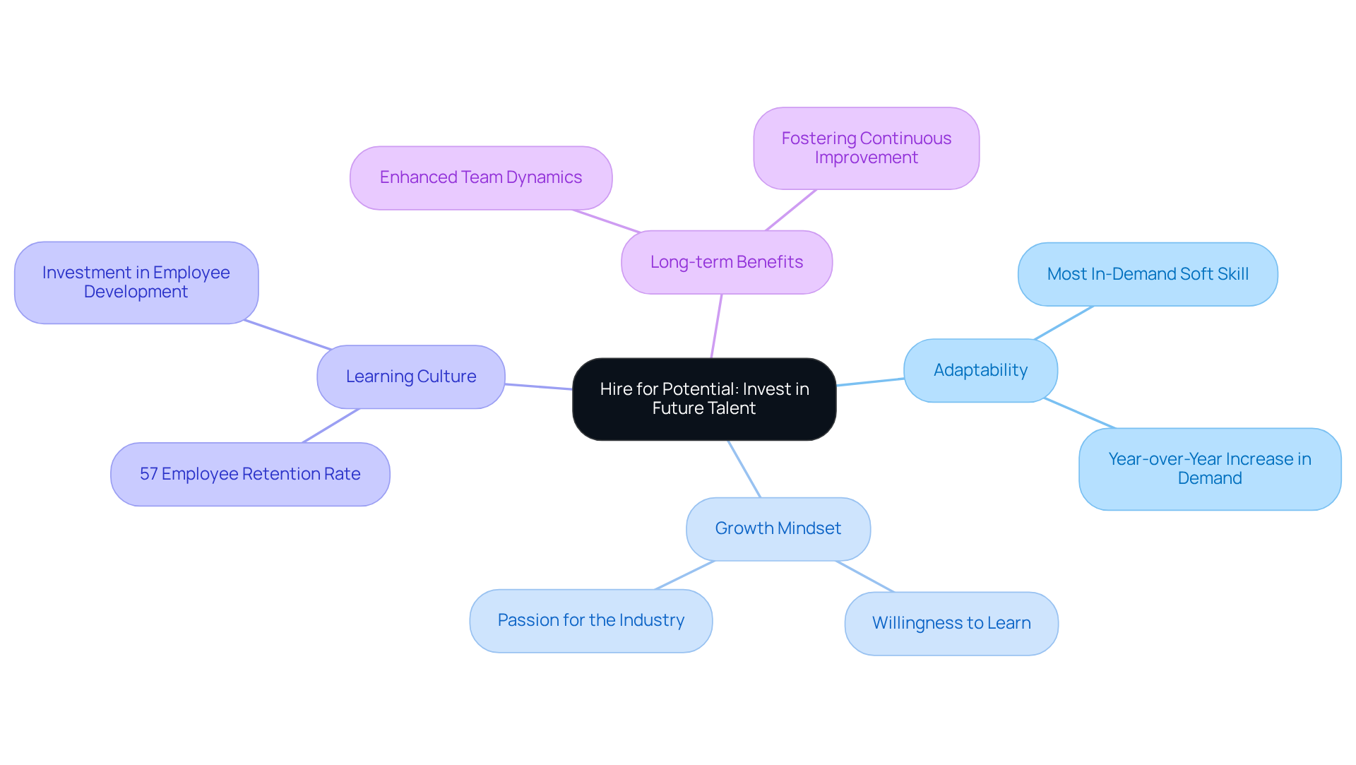 The central node represents the main hiring philosophy, while the branches show important related concepts. Each branch is a key area to consider when hiring for potential — follow the lines to explore how these ideas connect!