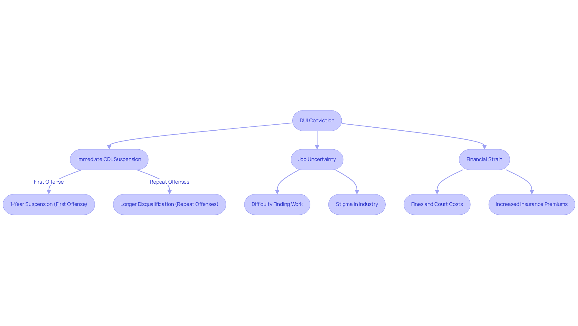 This flowchart shows the steps and consequences following a DUI conviction for commercial drivers. Start at the top with the DUI conviction, and follow the arrows to see how it leads to immediate suspension, job uncertainty, and financial strain. Each box represents a key consequence, helping you understand the potential impacts on your career.