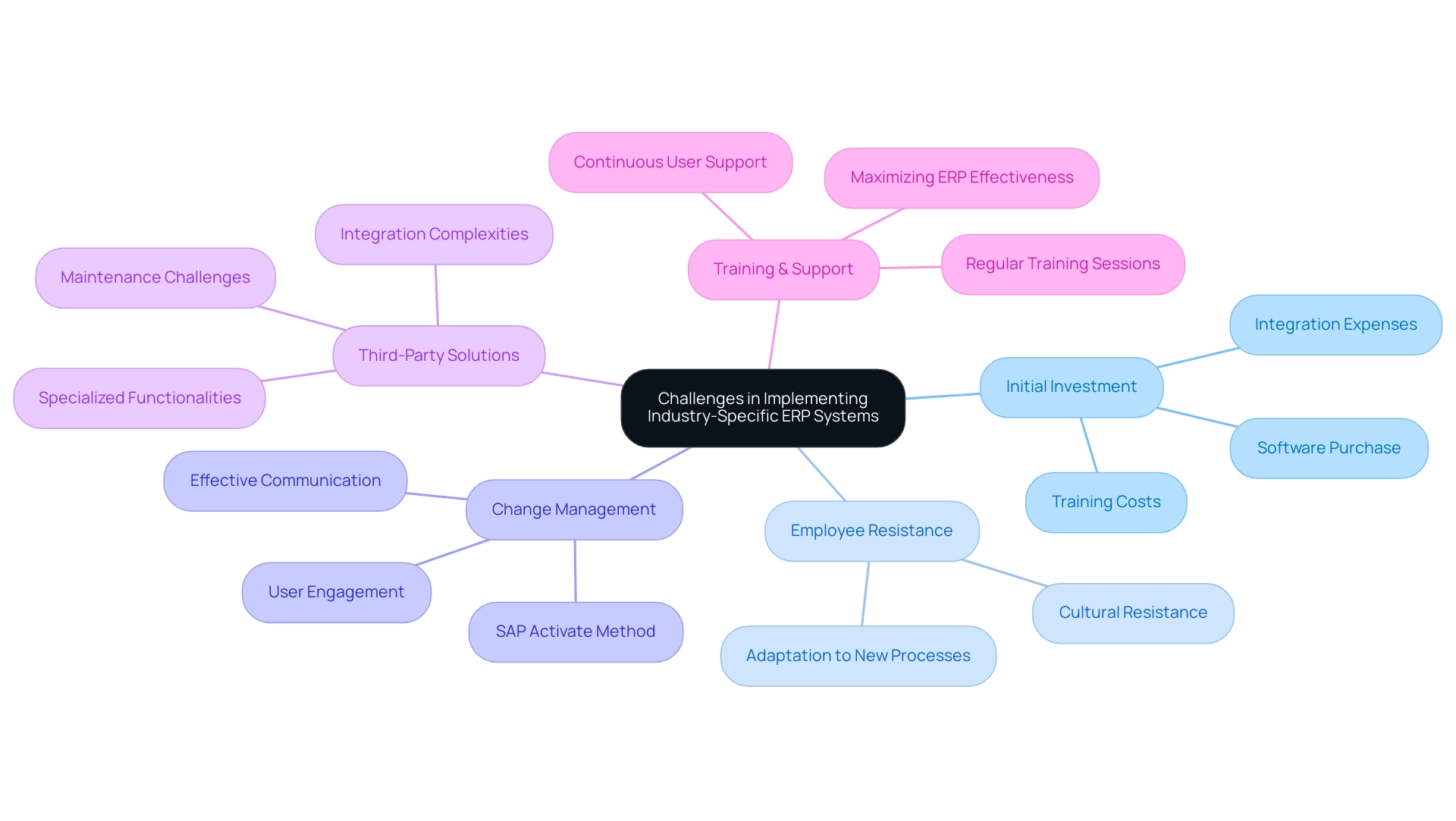 The central node represents the overall topic, with branches showing specific challenges in ERP implementation.