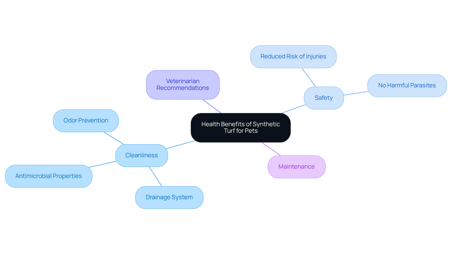 The central node represents the overall health benefits, while the branches show specific advantages and features of synthetic turf. Each color-coded branch helps you easily identify different aspects of how synthetic turf contributes to a safe and clean environment for pets.