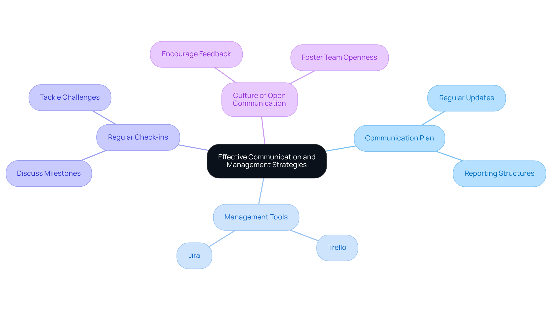 The central node represents the main topic, while the branches show different strategies and their components. Each color-coded branch helps you see how various elements connect to the overall goal of successful project management.