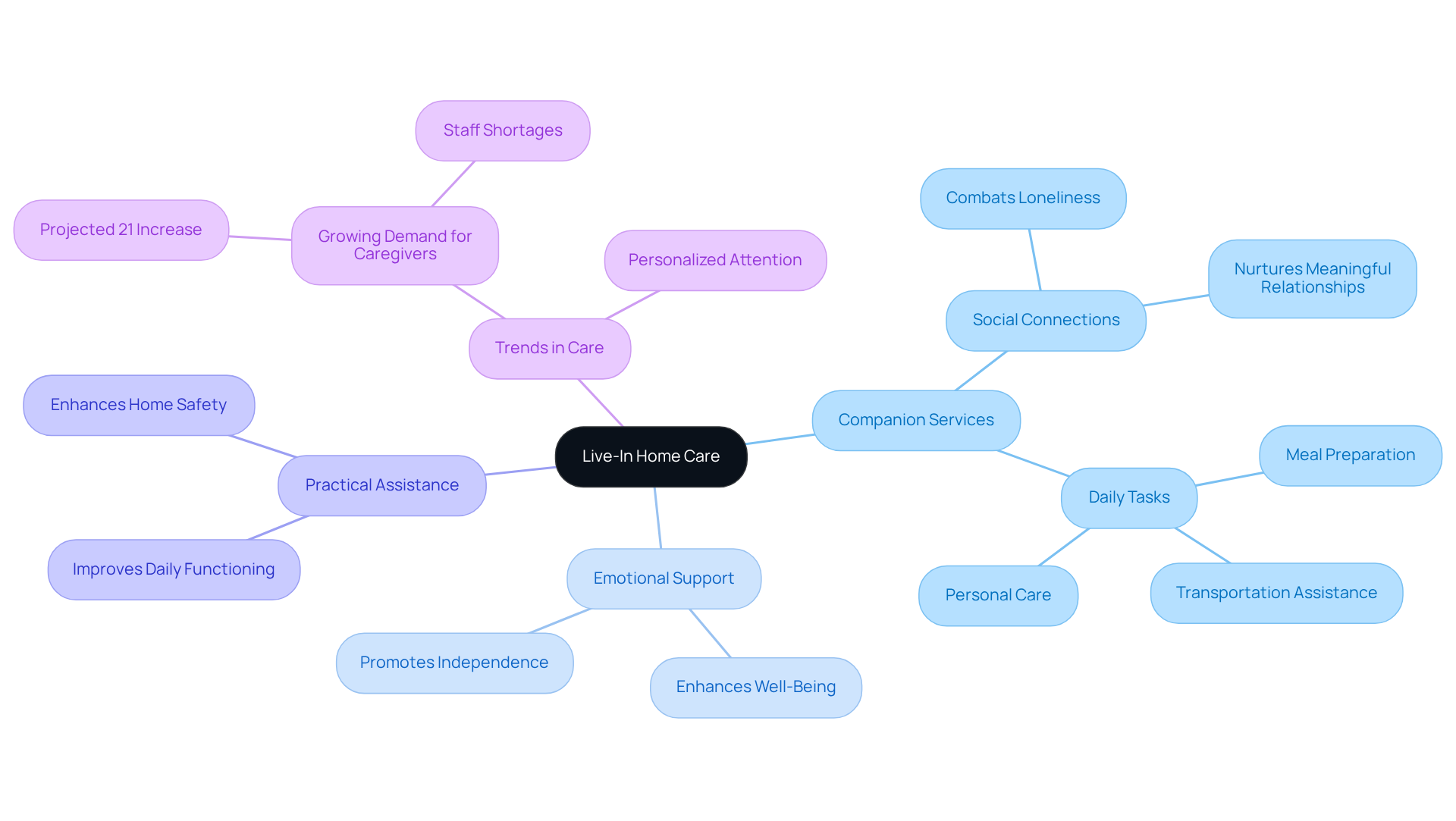The central node represents the core service, while the branches show different areas of focus and benefits. The sub-branches provide more detail about each category, illustrating how they contribute to the overall well-being of elderly individuals.
